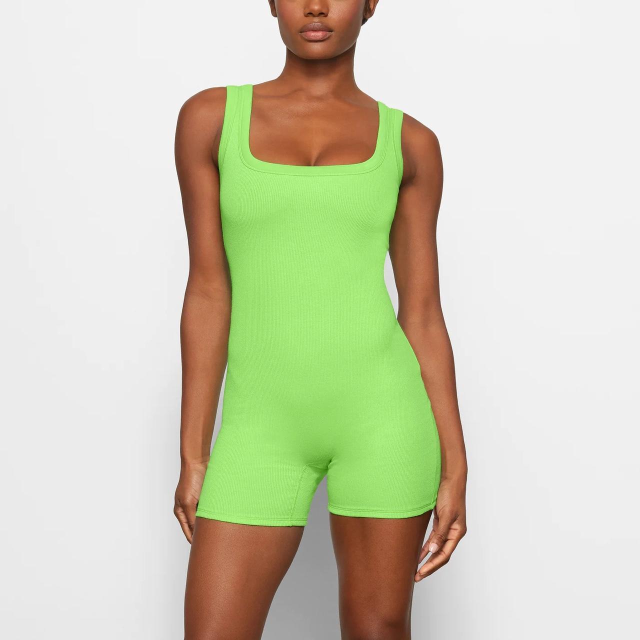 SKIMS COTTON RIB ONESIE | NEON GREEN XXS Worn... - Depop
