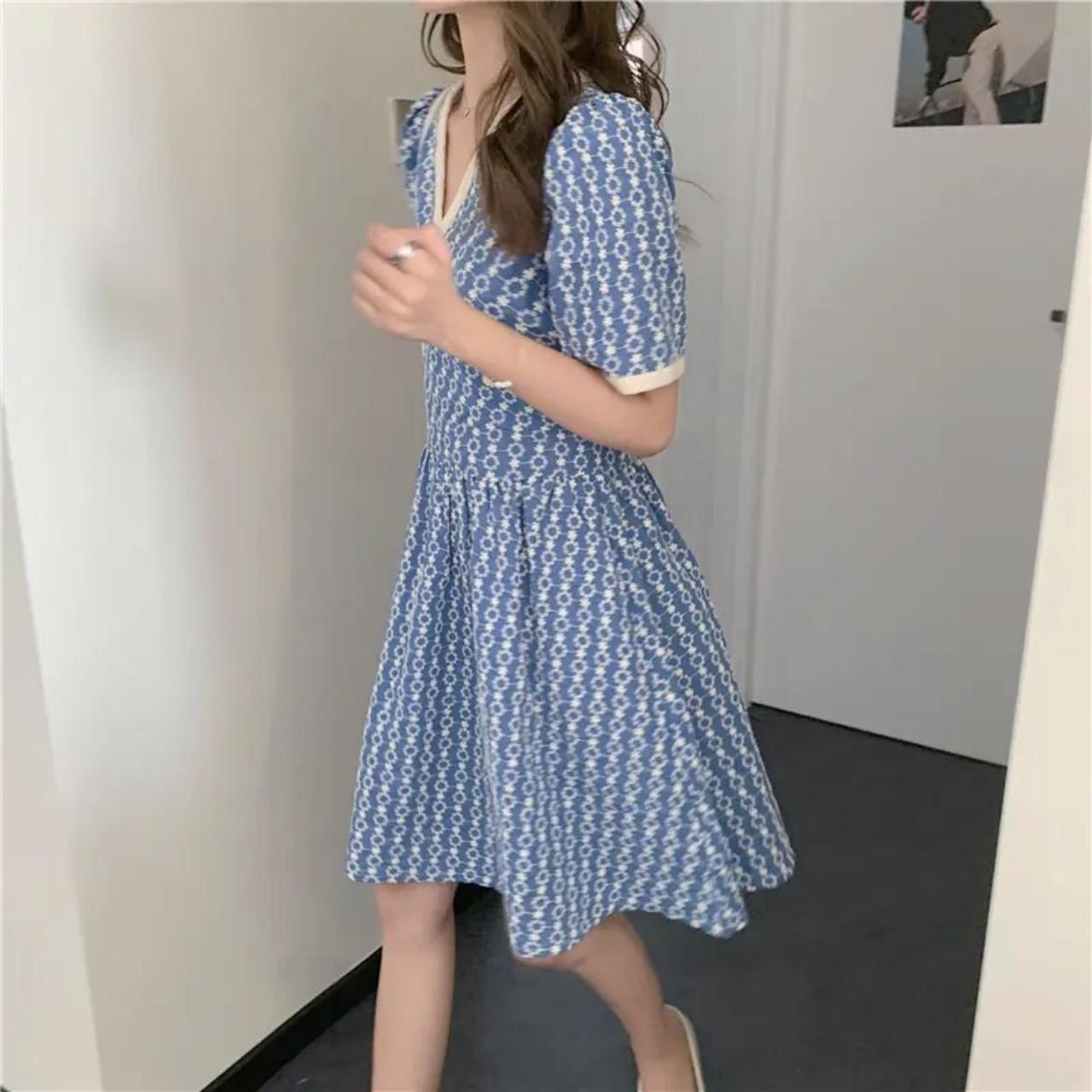 Midi blue patterned dress. Fits like a medium.... - Depop
