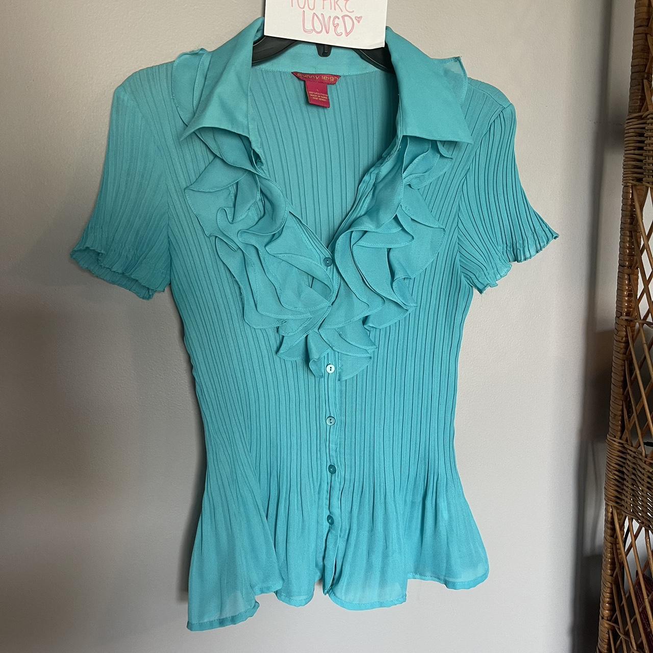 Aqua blue ruffle button-up top sunny Leigh L... - Depop