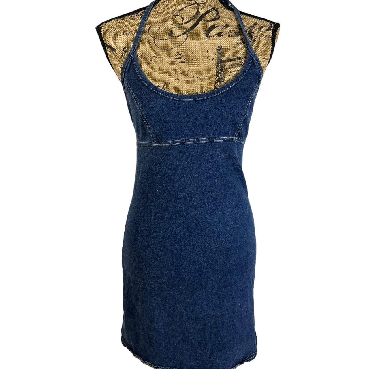 90s Stretchy Denim Halter Mini Dress All orders... - Depop