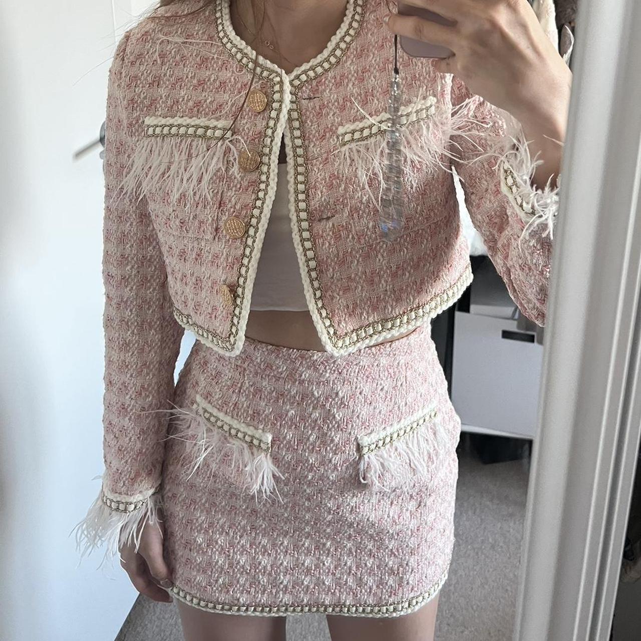 Baby pink feathered detail tweed set Korean Style... - Depop