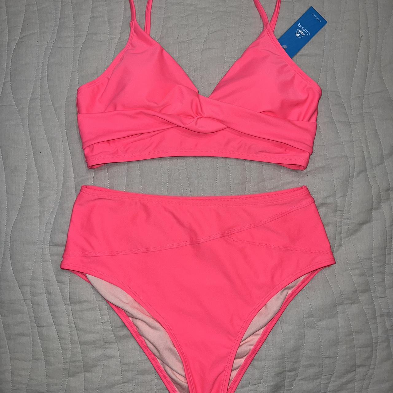 Bikini neon pink high waisted New with tags Size... - Depop