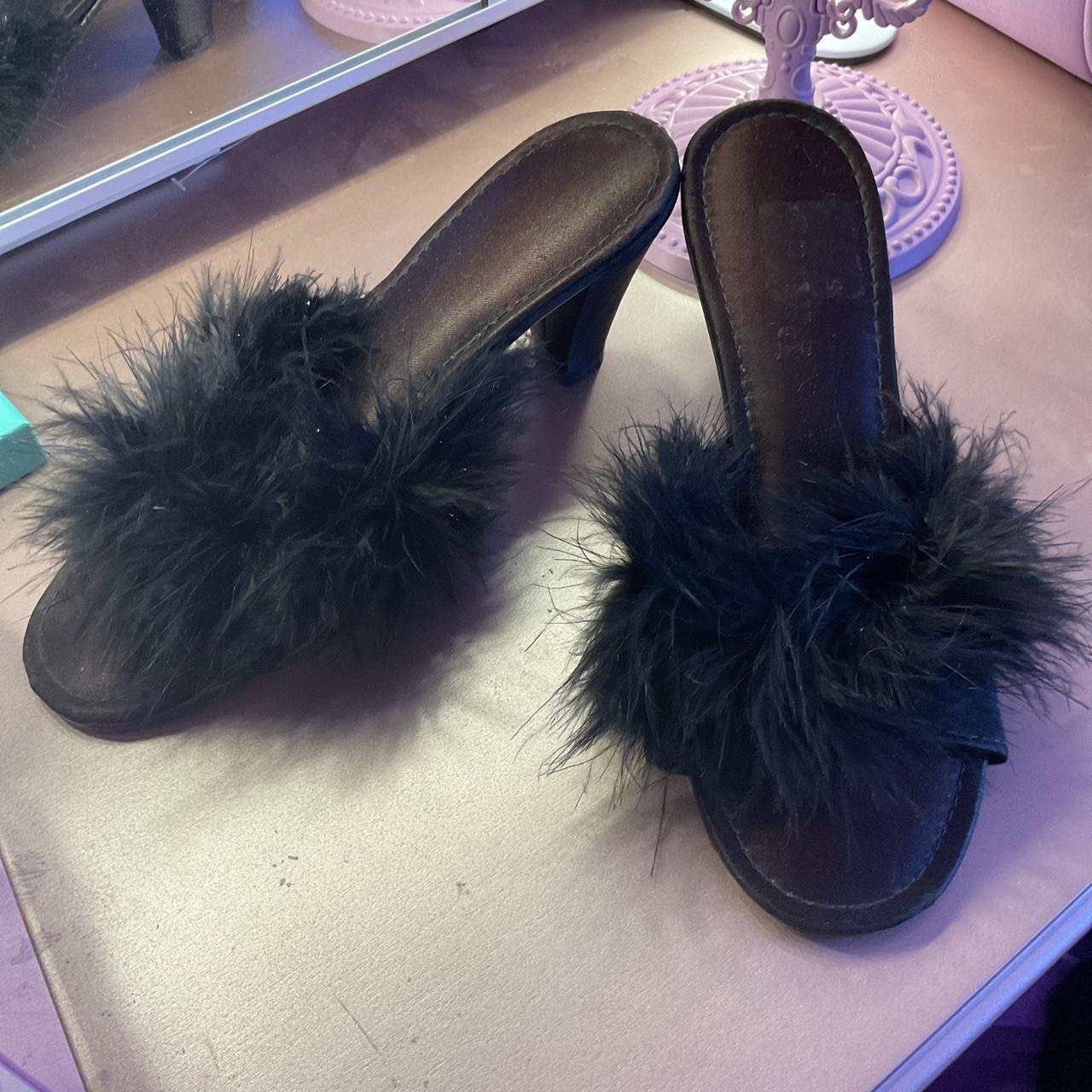 Vintage 90s black fuzzy boa slip on mules width... - Depop