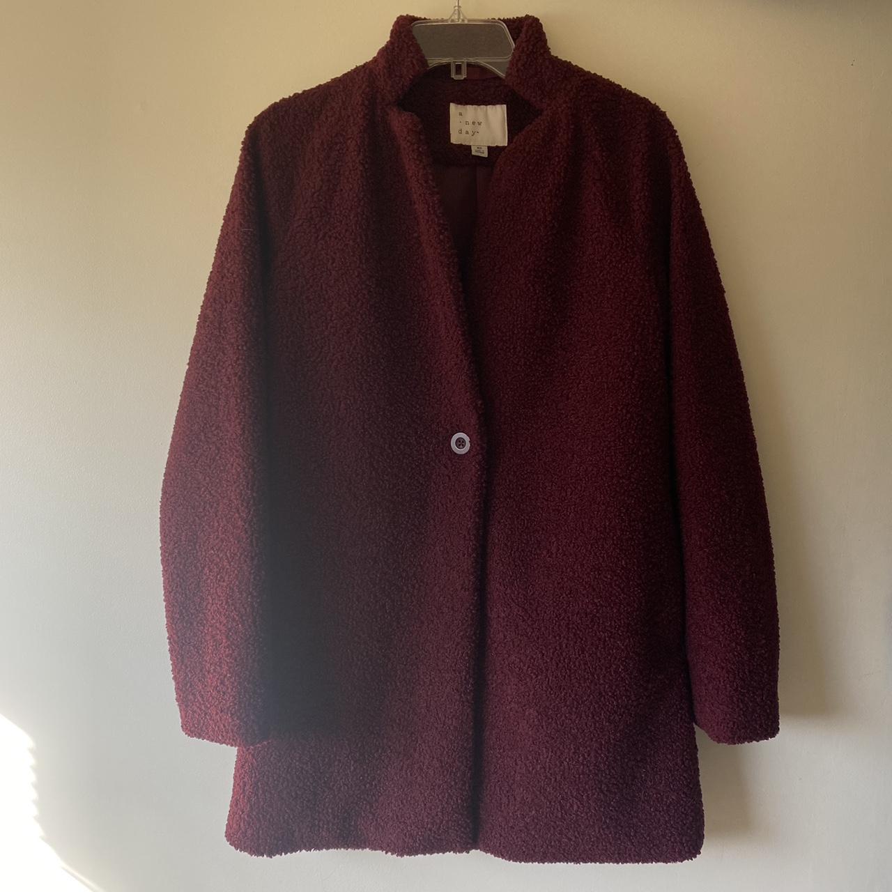Maroon winter coat with button, super stylish and... - Depop