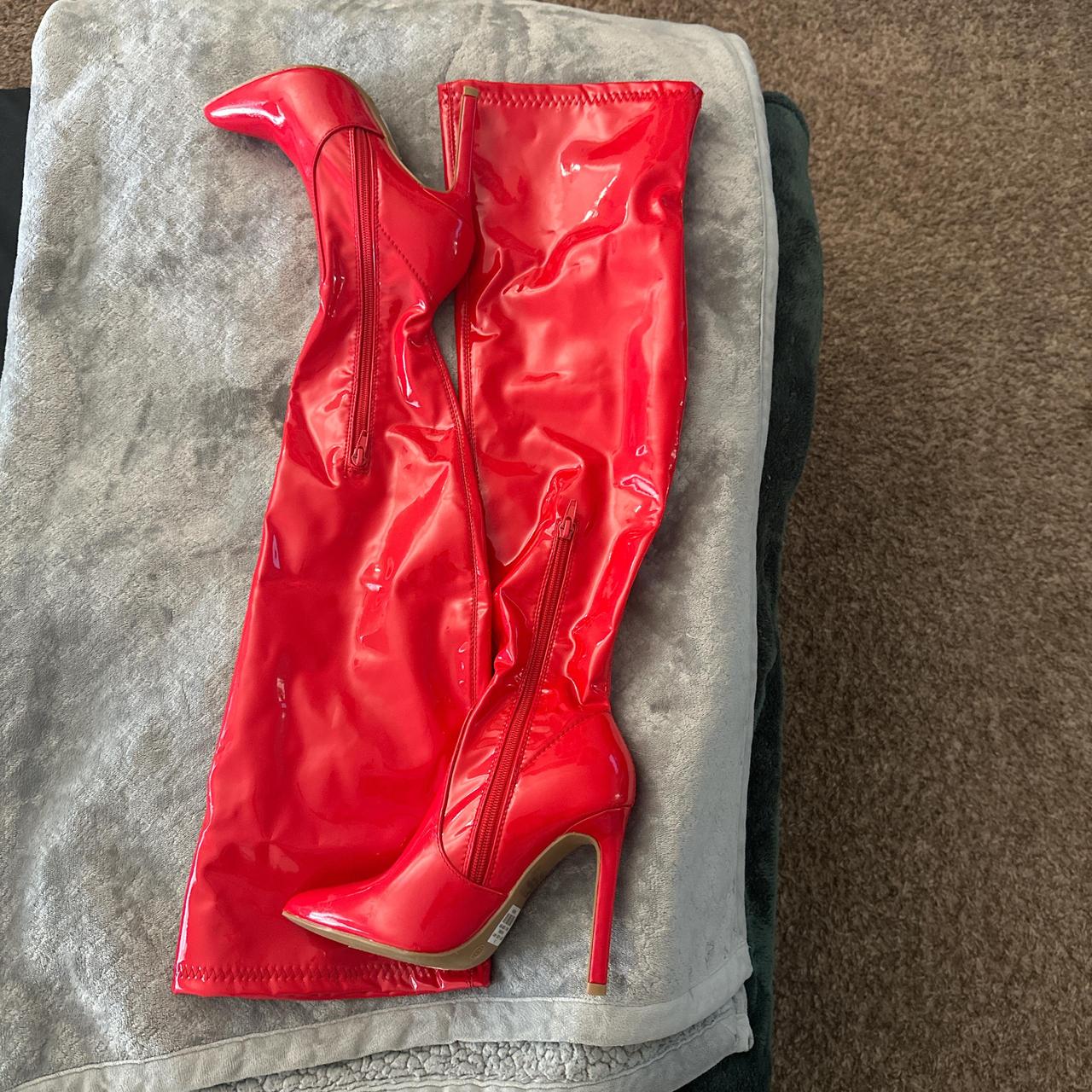 Thigh high pvc red boots - Depop
