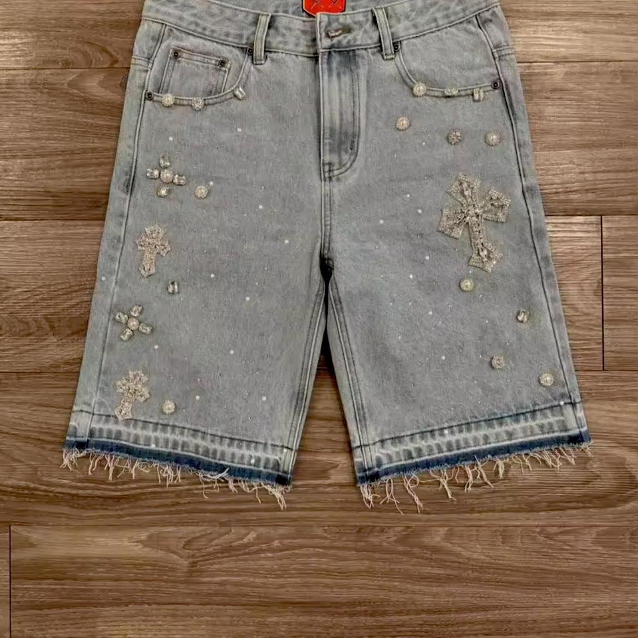 Retro Y2k jorts Oversized Iron Diamond Pattern Denim... | Depop