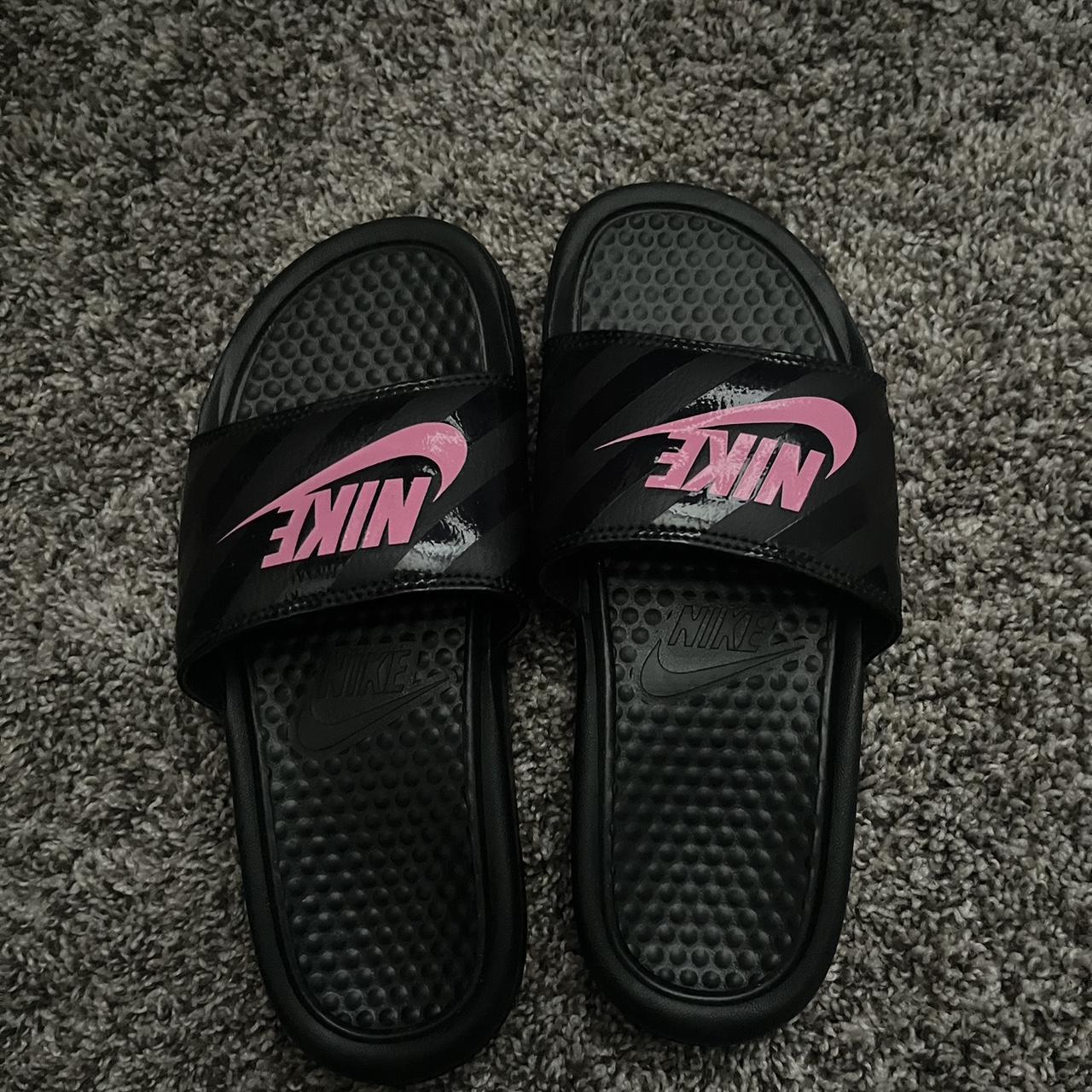 Pink and black Nike slides never worn. #nike #pink - Depop