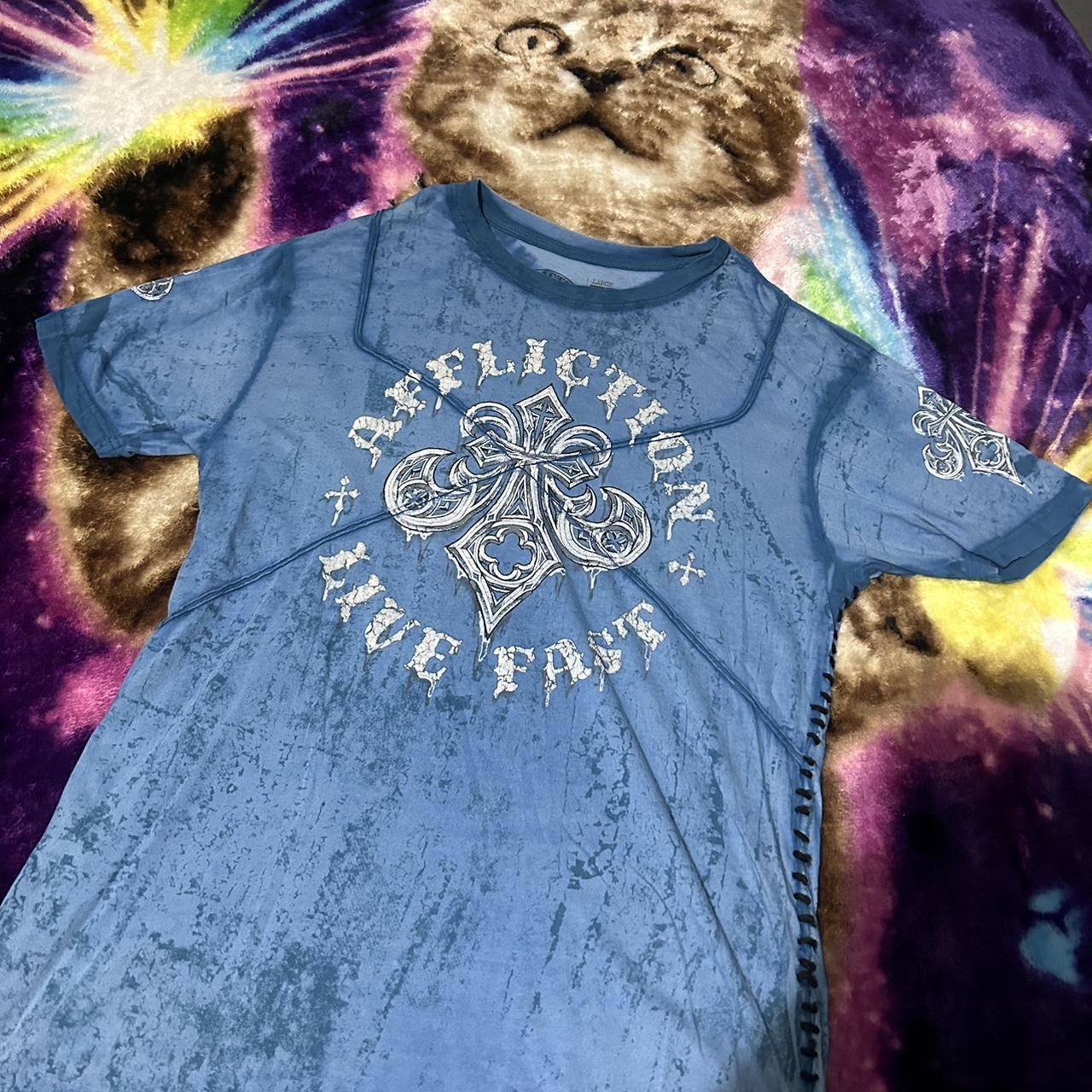 Affliction blue and white graphic tee #grunge... - Depop