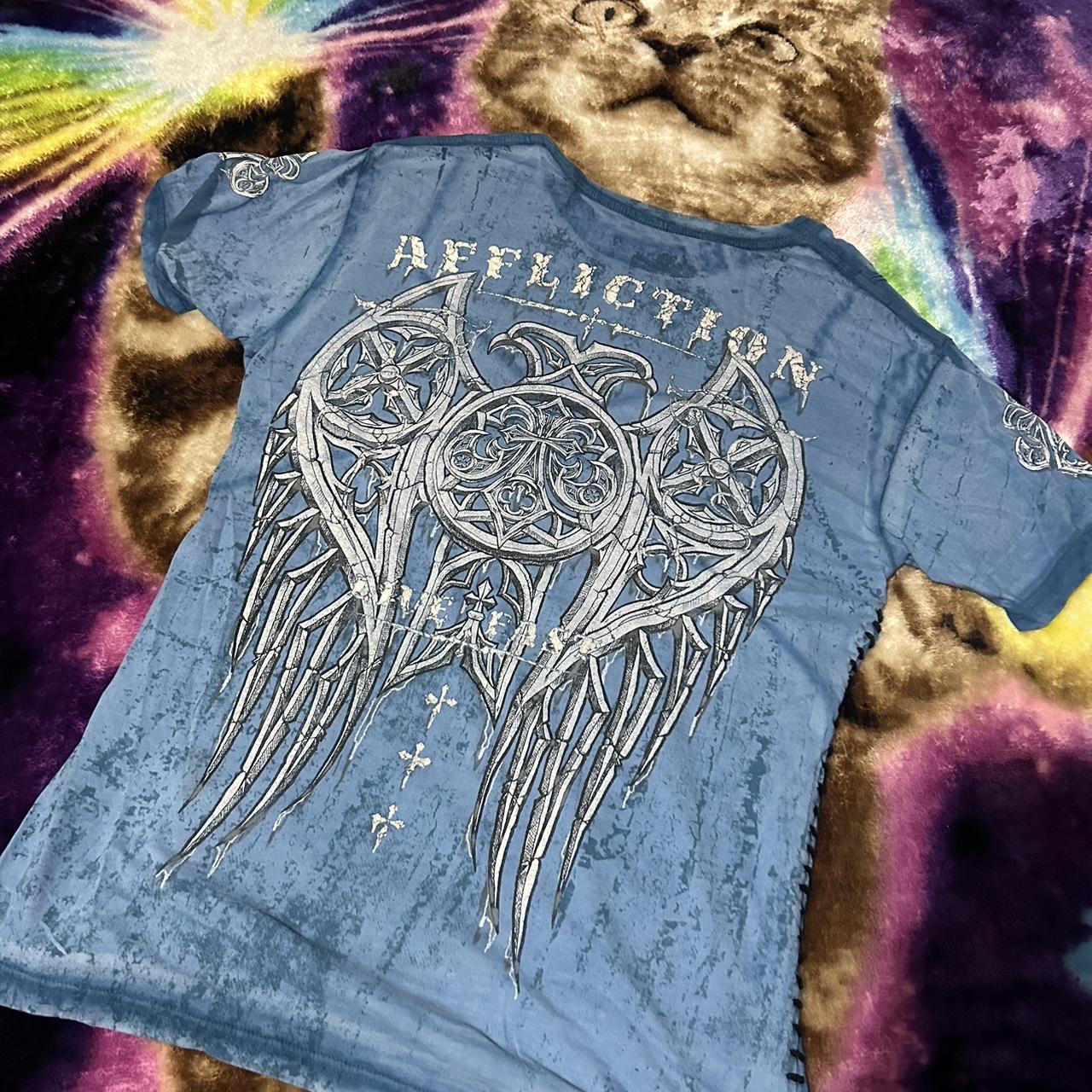 Affliction blue and white graphic tee #grunge... - Depop