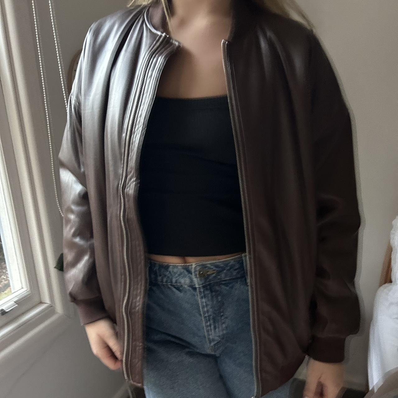 Supre brown faux leather bomber jacket feathery... - Depop