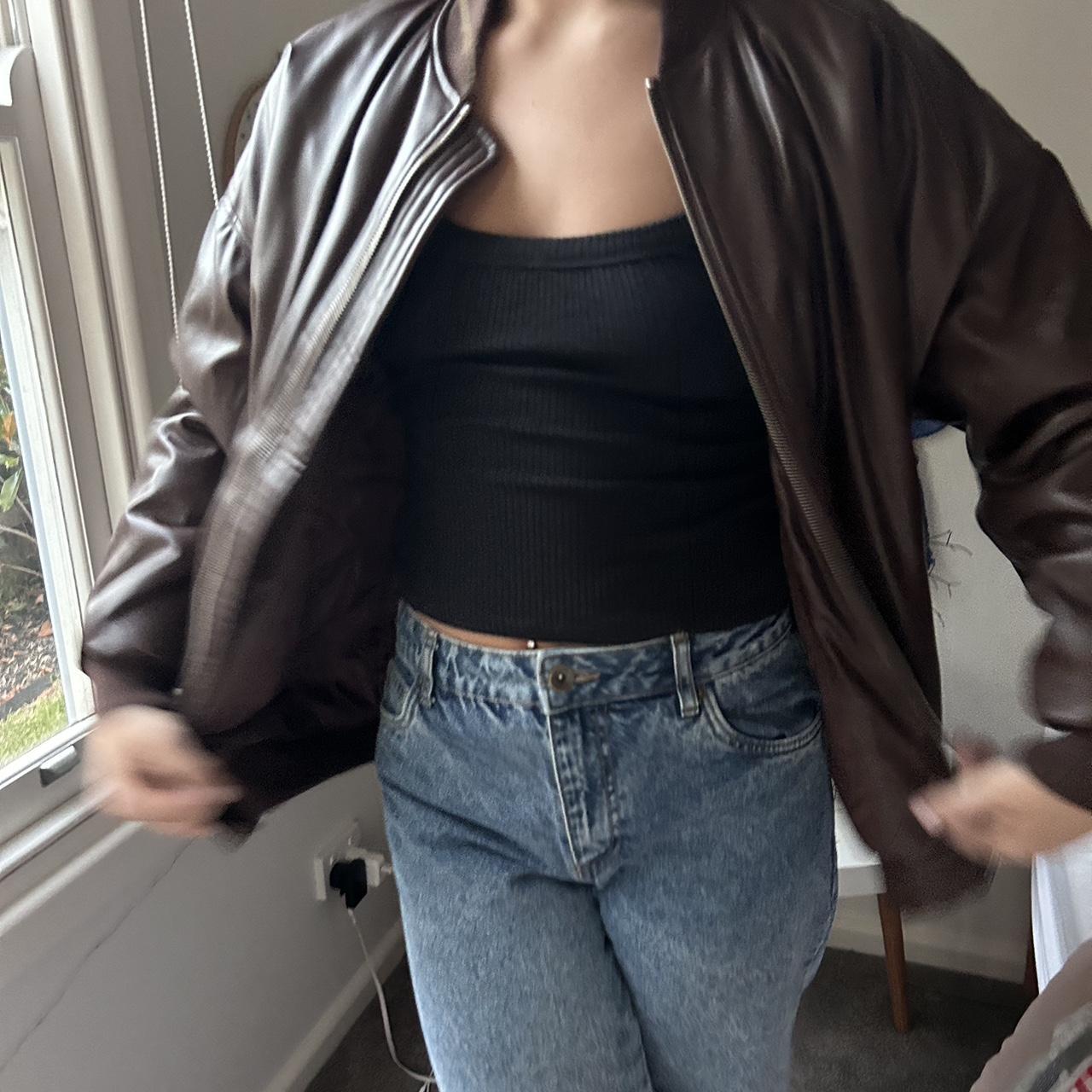 Supre brown faux leather bomber jacket feathery... - Depop