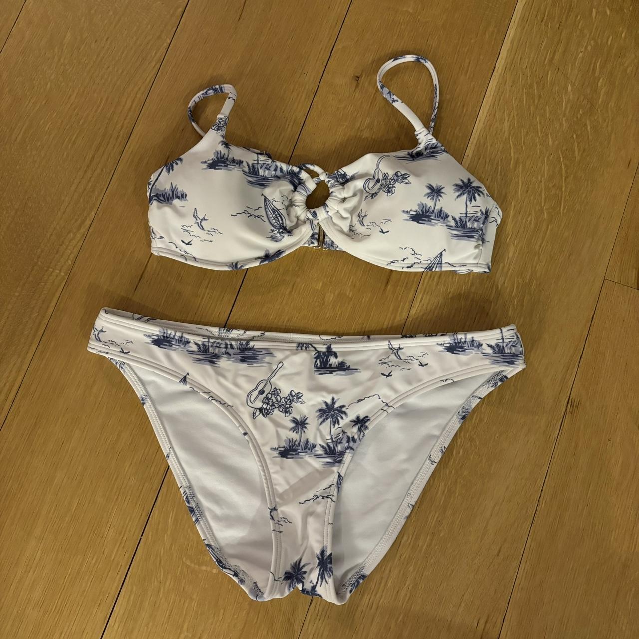 White and blue hollister patterned bikini set... | Depop