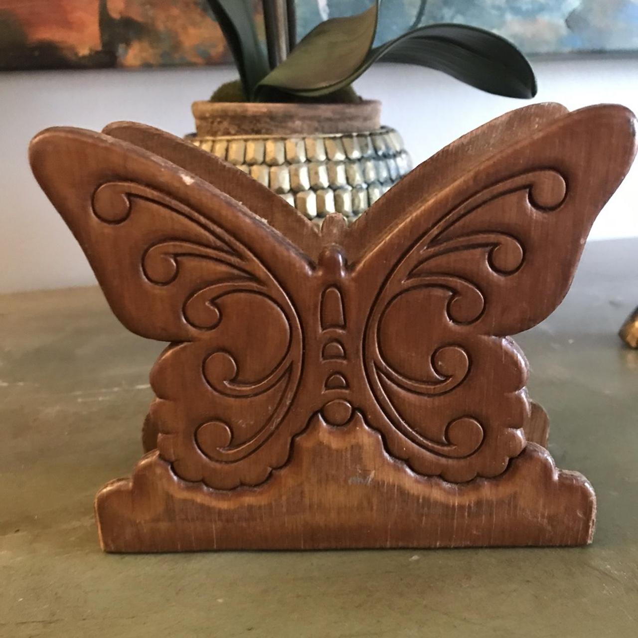 Vintage Wood Hand Carved Butterfly Napkin Holder... - Depop