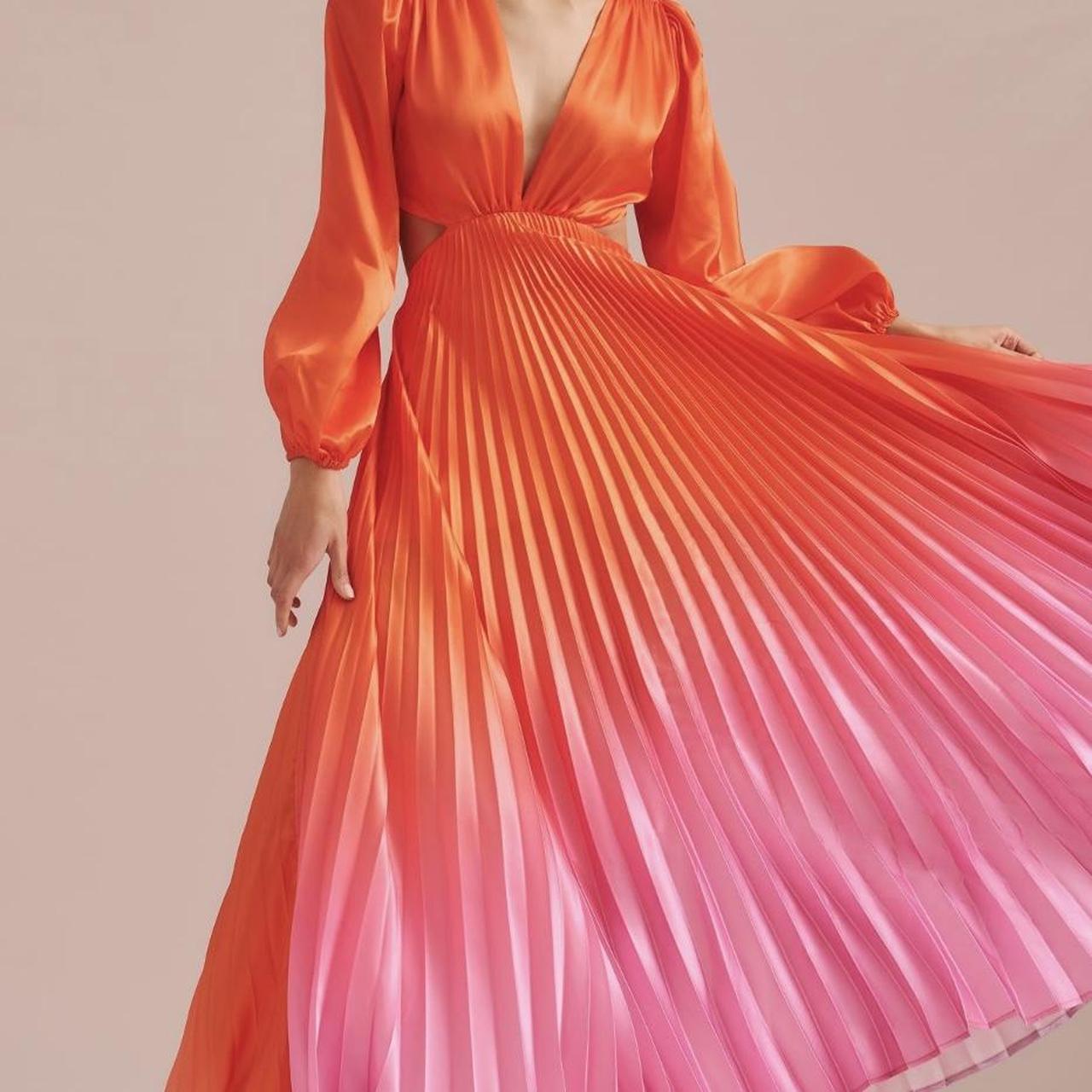 Poppy red maxi dress with fuchsia pink ombre effect,... | Depop