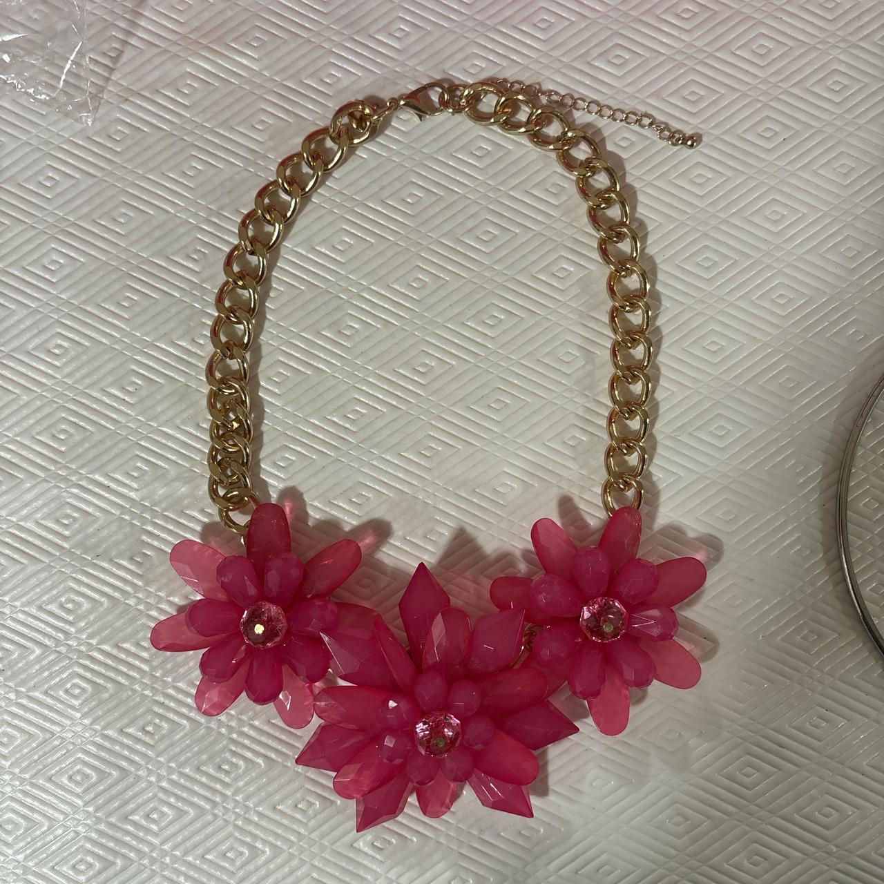 Y2K golden chunky pink flower statement... - Depop