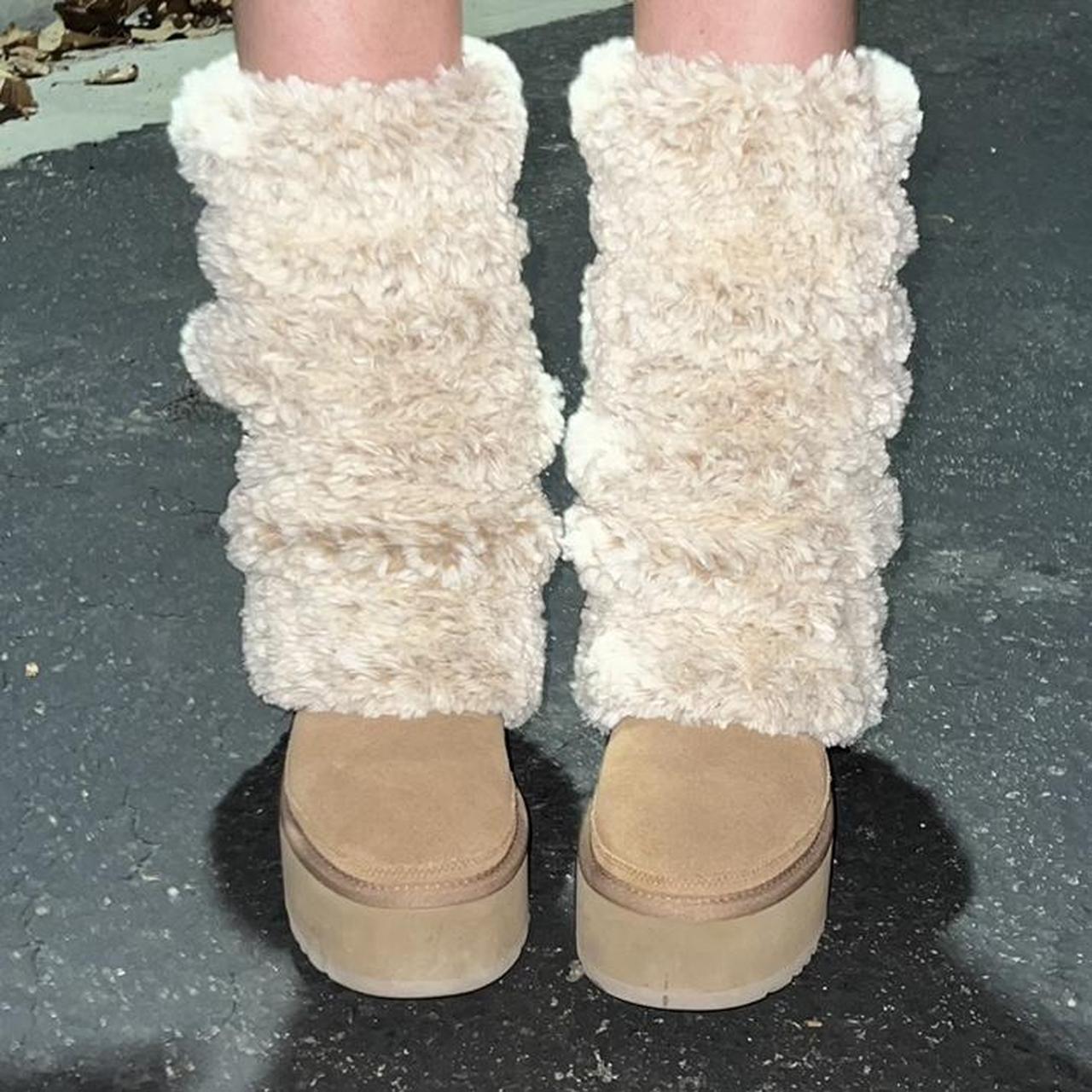 fluffy leg warmers!! handmade knitted faux fur leg... - Depop