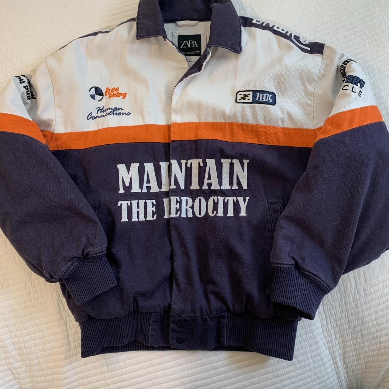 Zara navy and orange racing jacket Size M Pit to... | Depop