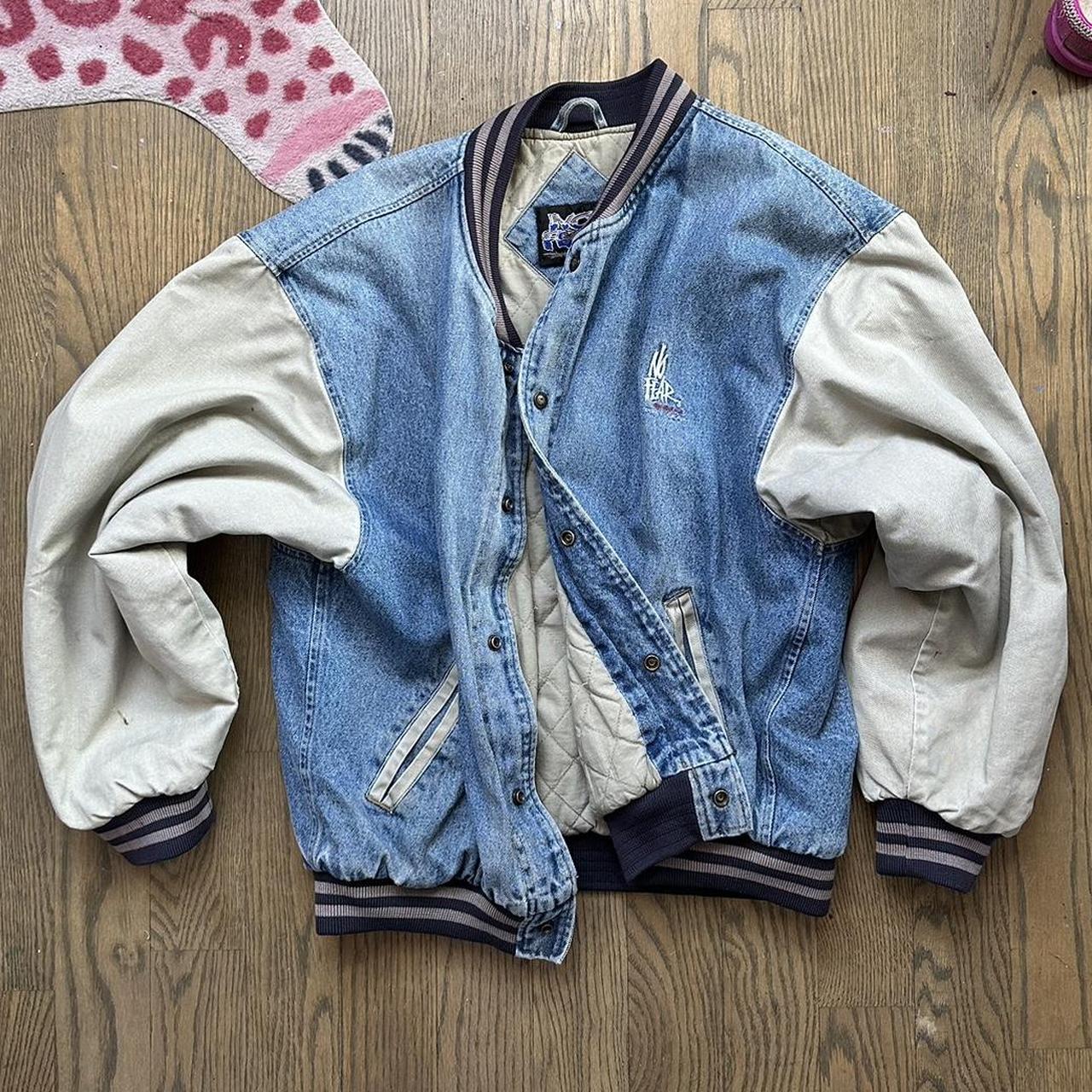 90s Denim Varsity No Fear Jacket #varsityjacket... - Depop
