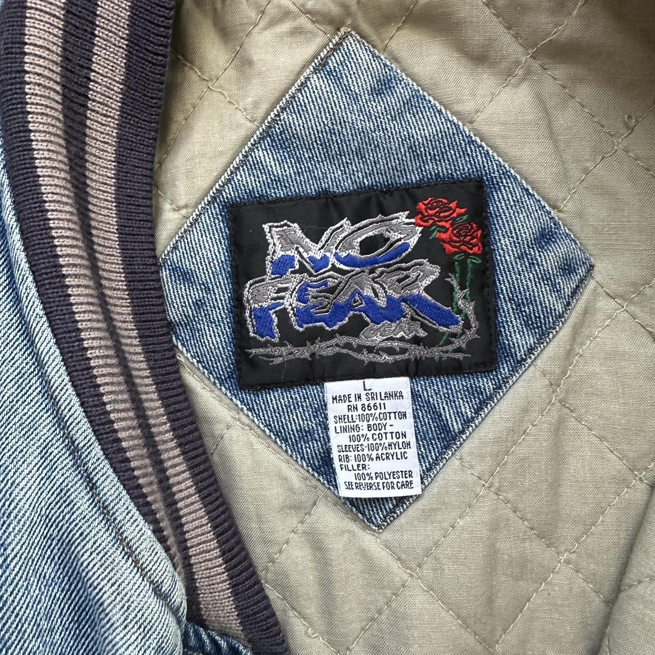 90s Denim Varsity No Fear Jacket #varsityjacket... - Depop