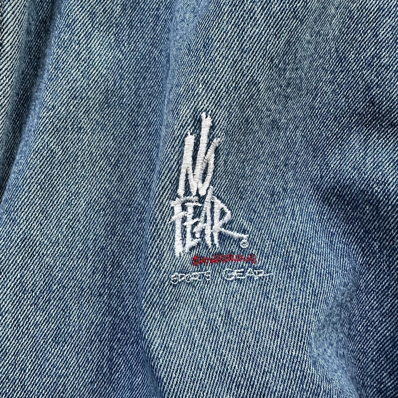 90s Denim Varsity No Fear Jacket #varsityjacket... - Depop