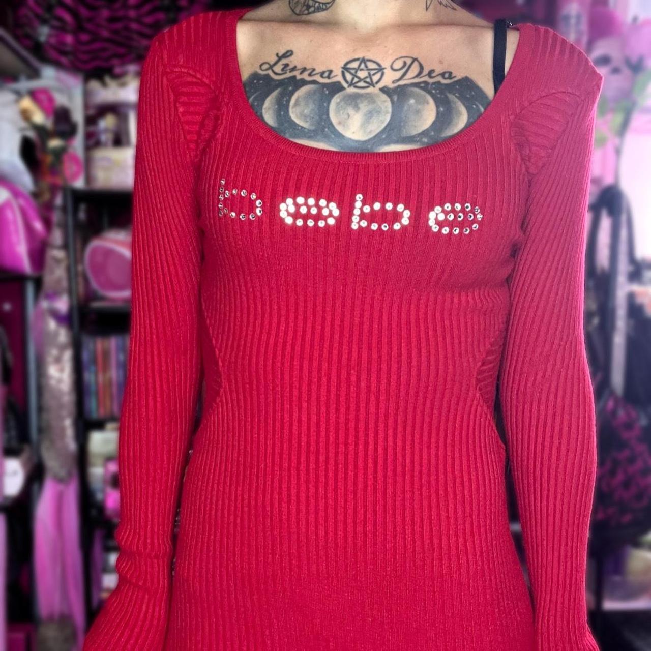 Y2K Bebe rhinestone bling red ribbed dress. Size... - Depop