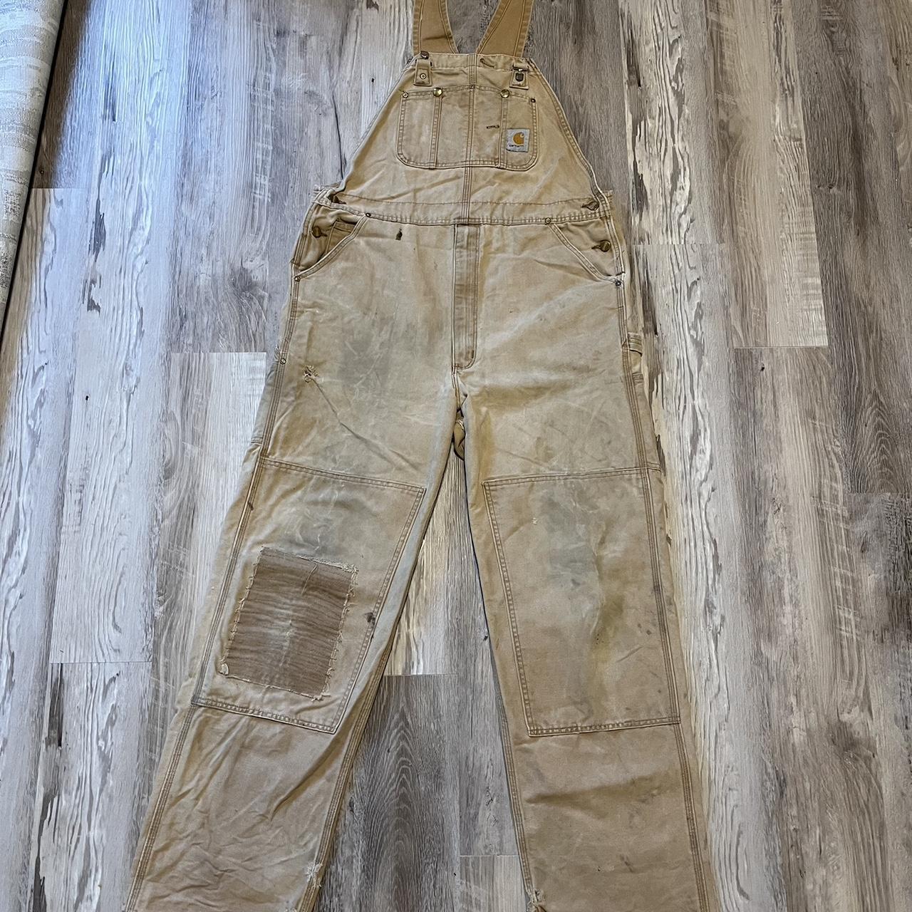 Tan and brown Carhartt double knee overalls... - Depop