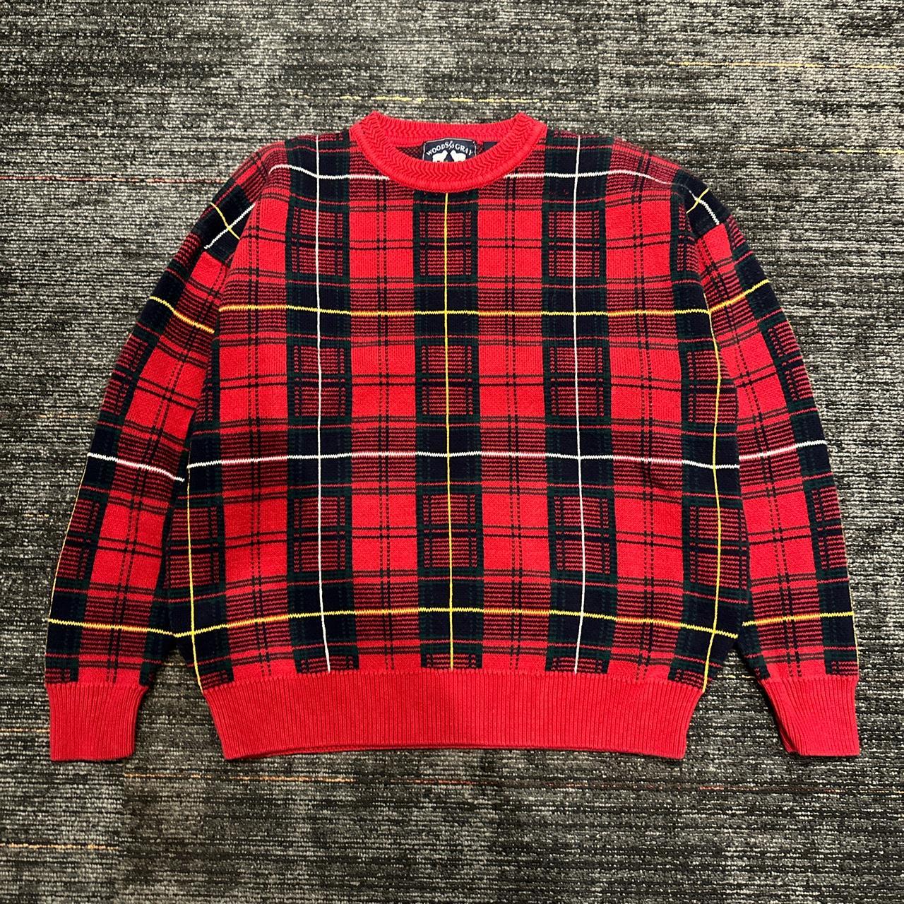 Vintage 90s Woods & Gray Red Plaid Sweater - Size... - Depop
