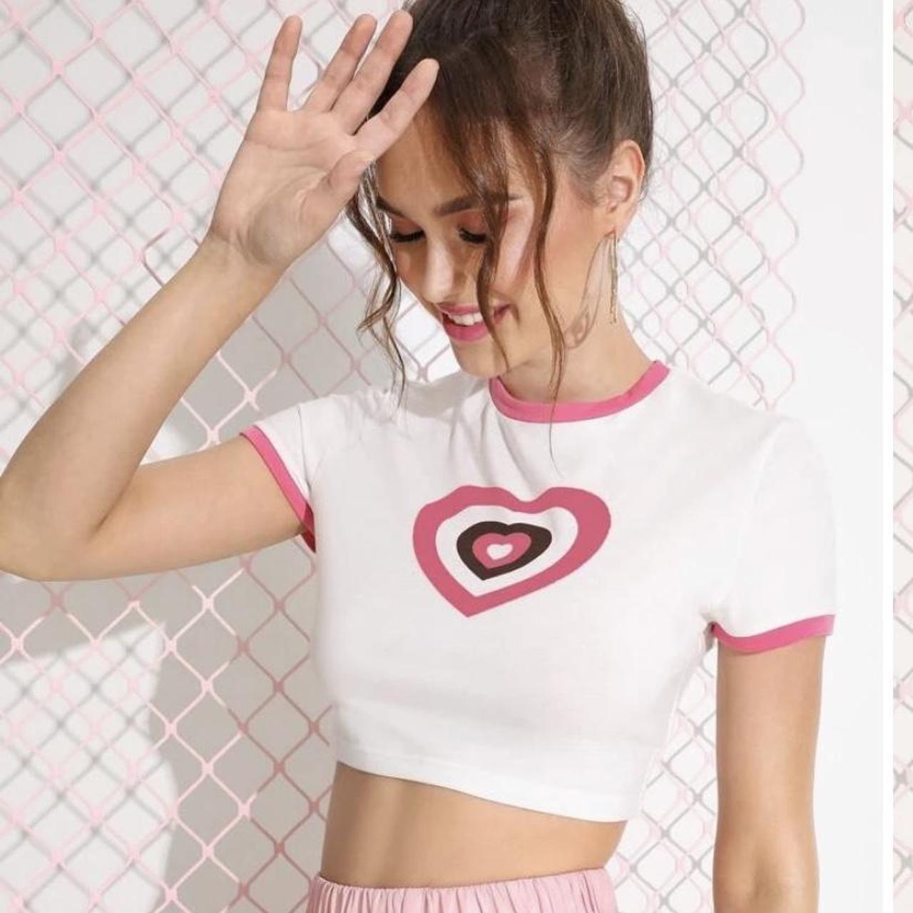 shein white & pink heart crop top!! adorable & so... - Depop