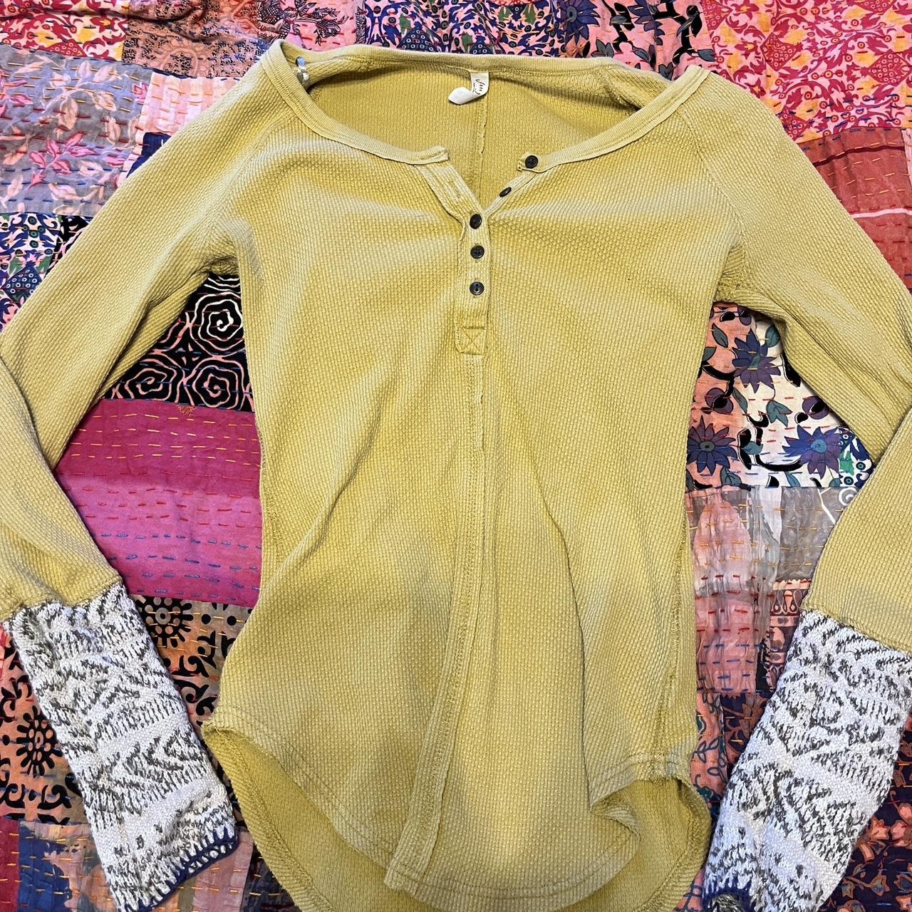 small yellow thermal button up long sleeve free... - Depop