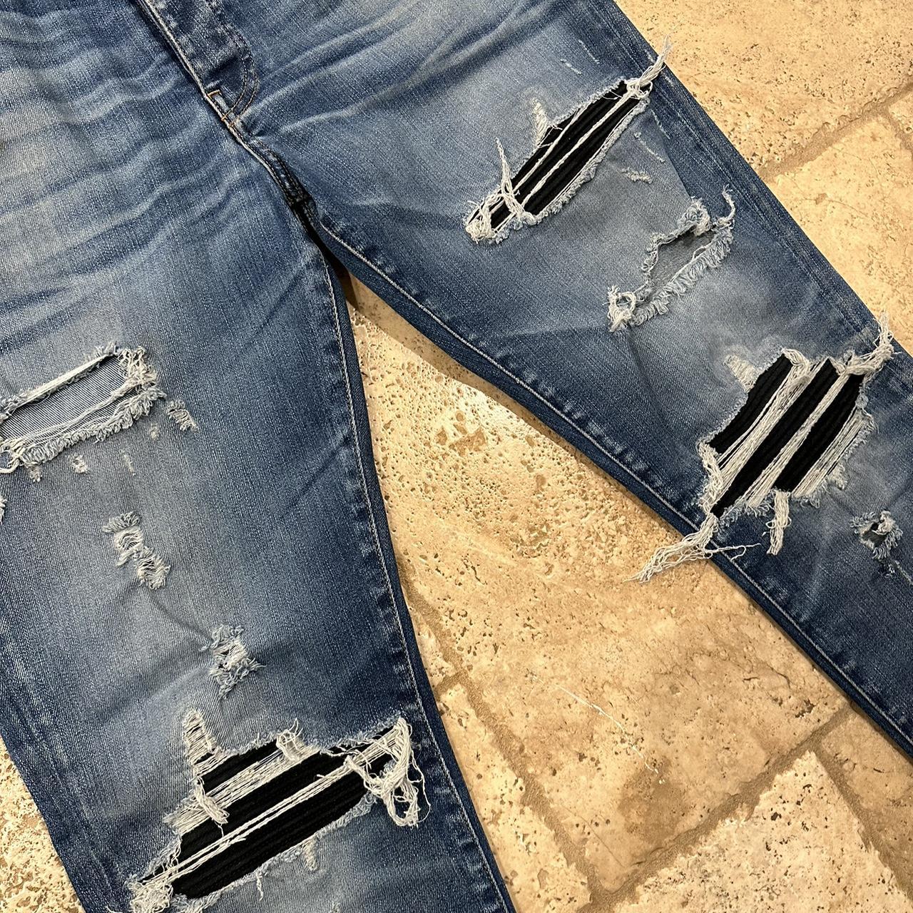 Amiri Mx1 Black Leather Patch Blue Stone Wash Denim... - Depop