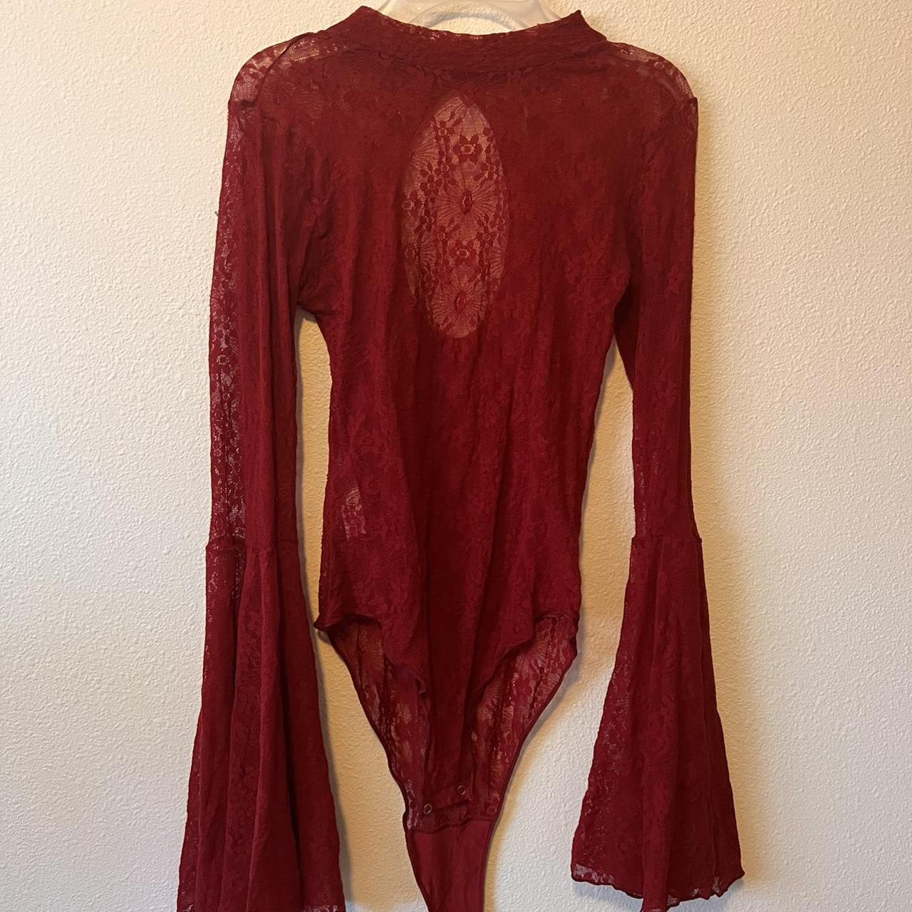 red lace bodysuit with flare sleeves. wore once. - Depop