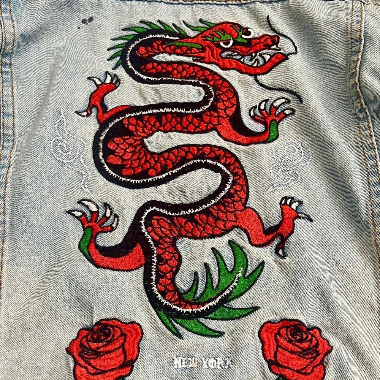 Light Blue Denim Jacket With Dragon Design &... - Depop