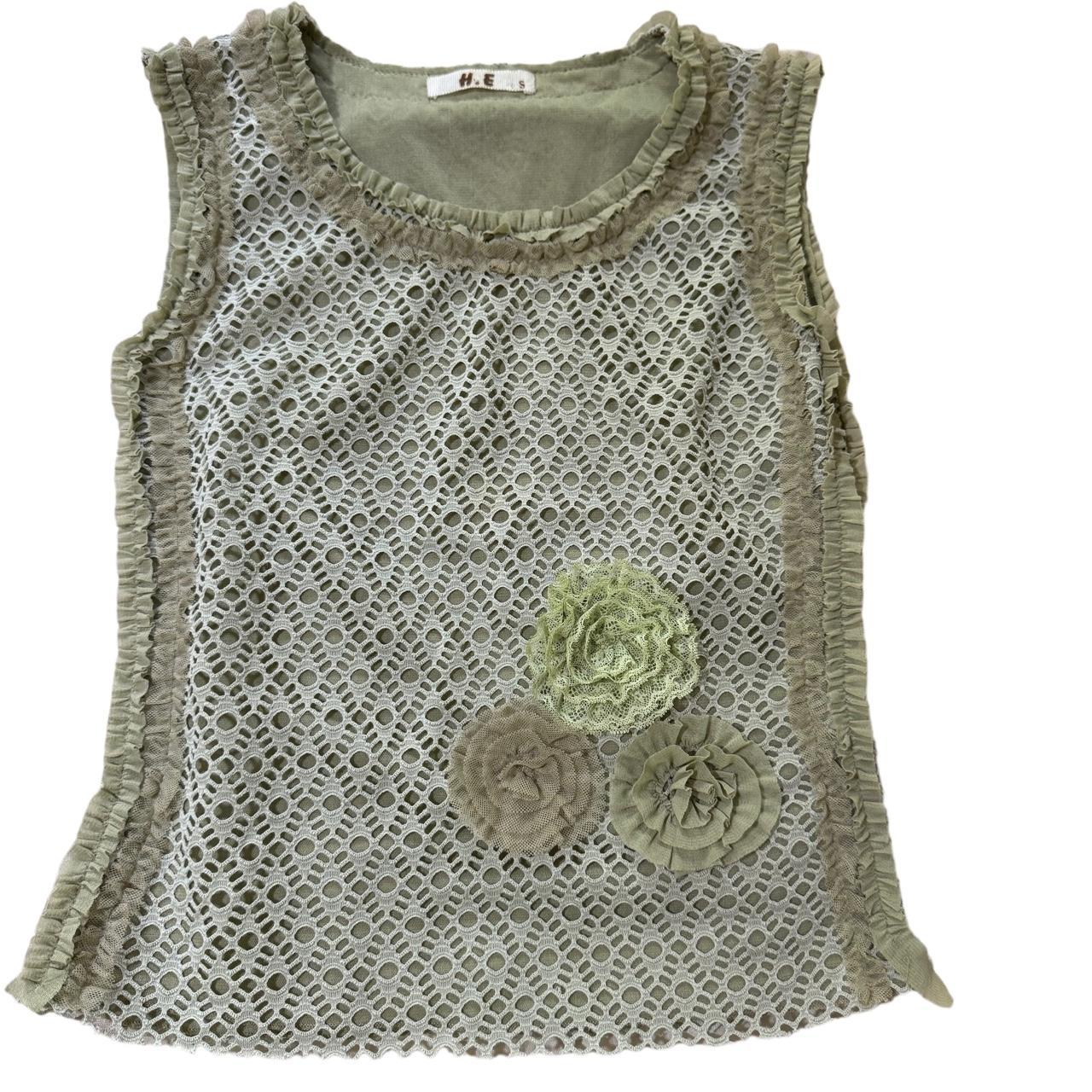 Green mesh / fishnet style top with flower... - Depop