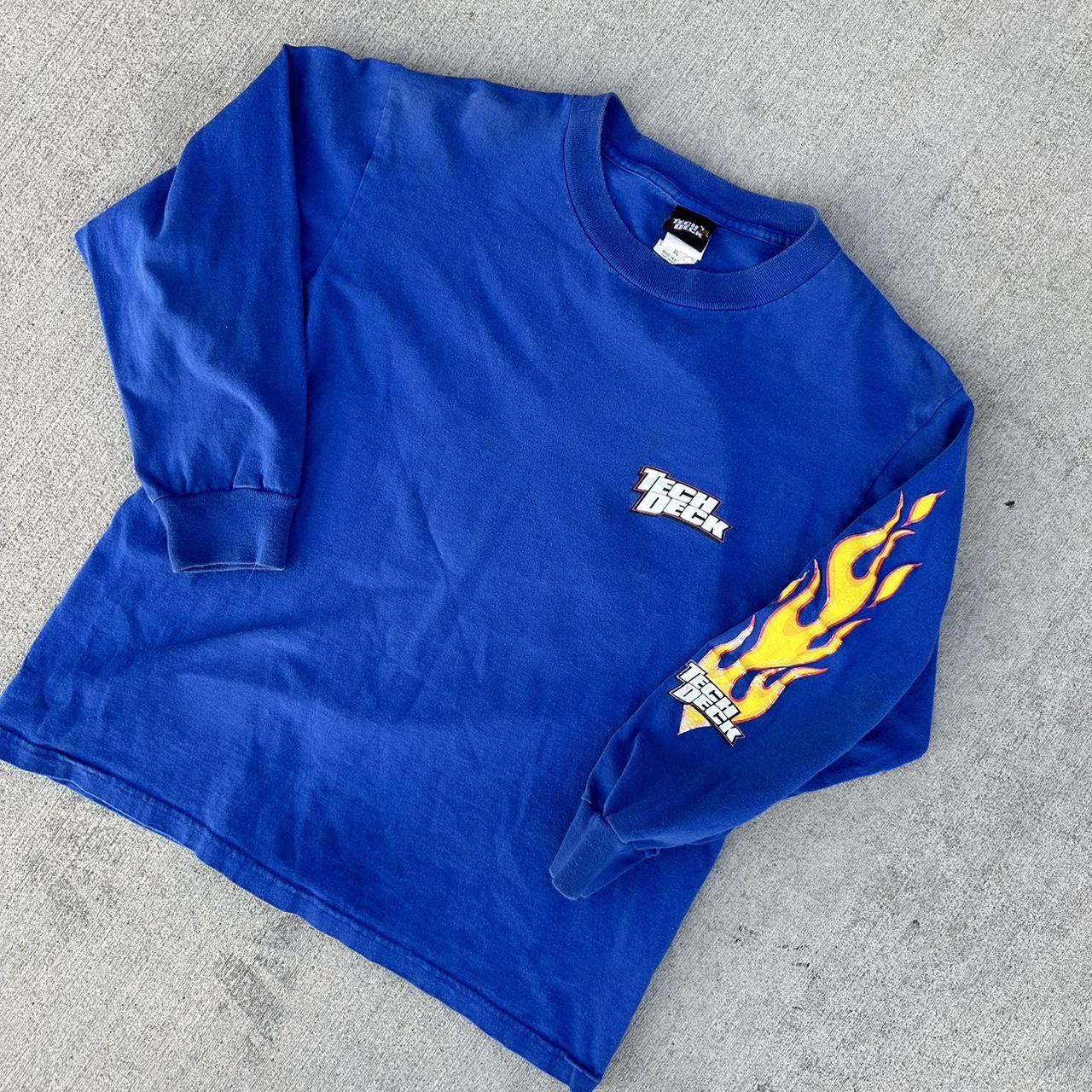 Vintage y2k tech deck long sleeve flames blue size... - Depop