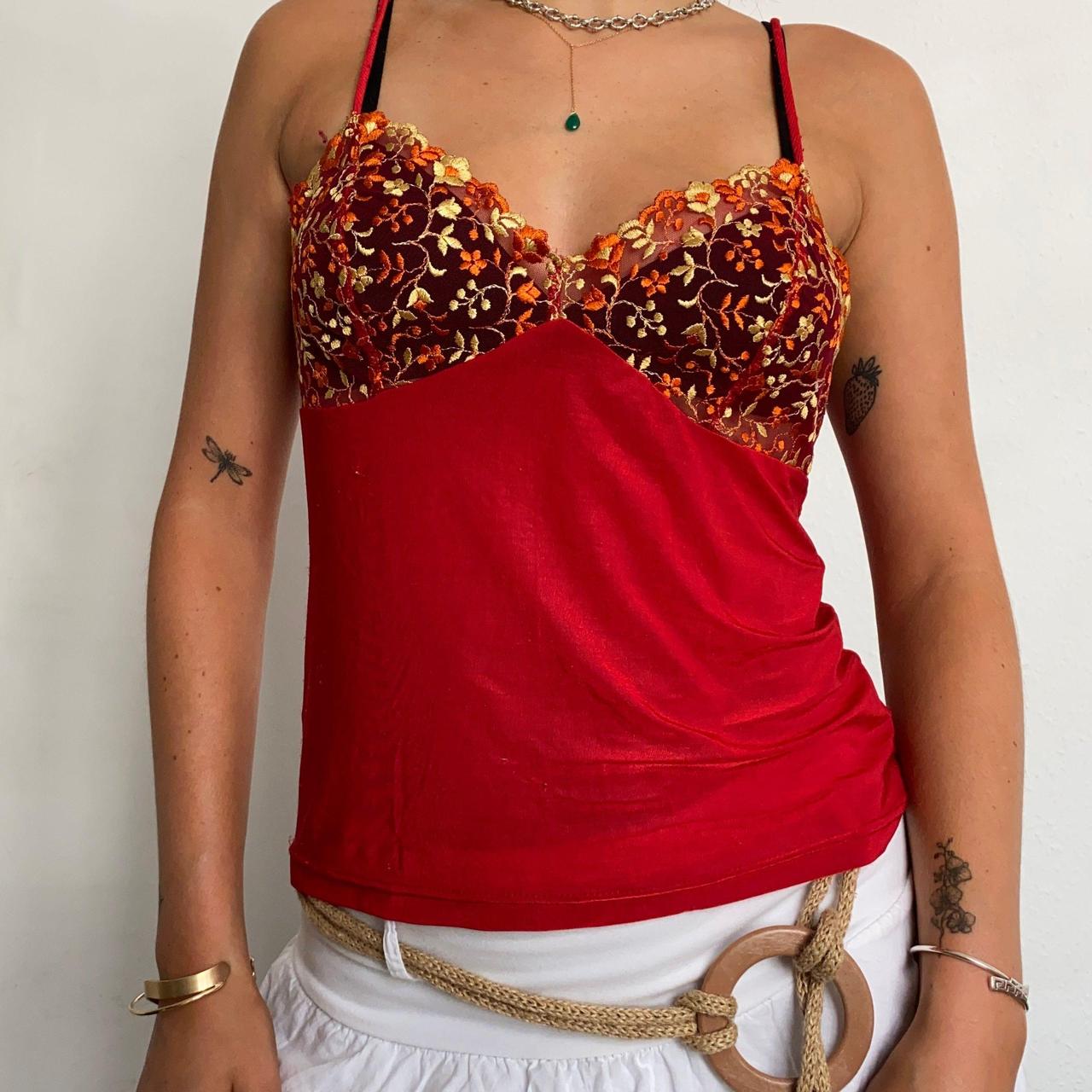 Red embroidered cami - size L SIZING: Not... - Depop