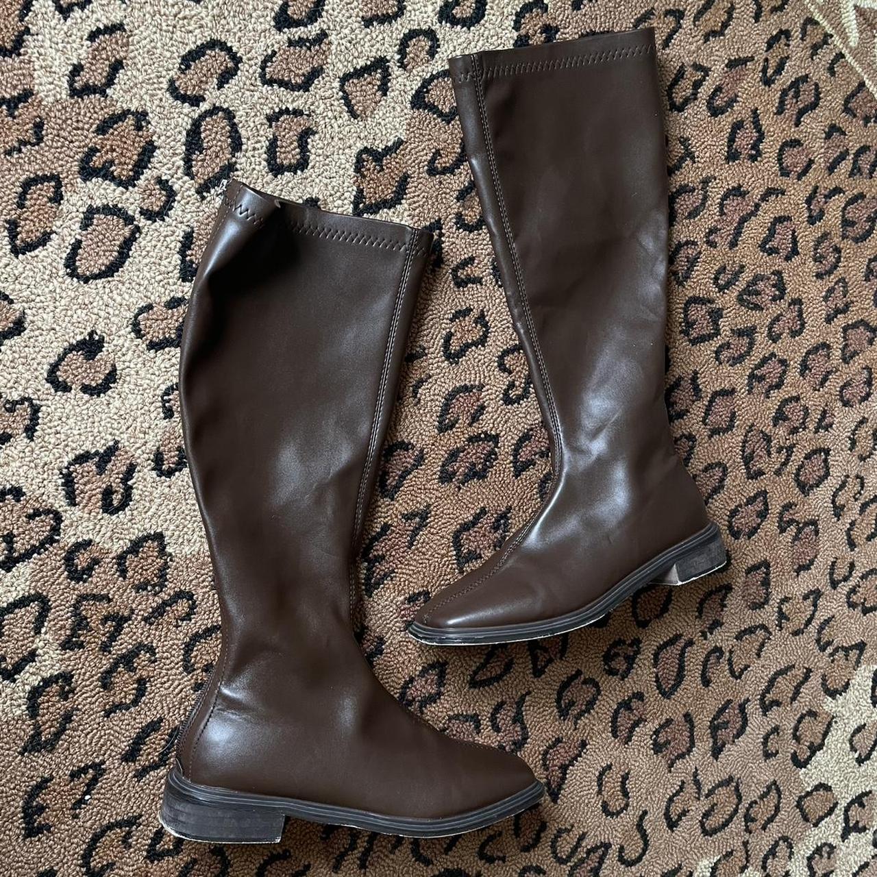 Unbranded Brown knee-high faux leather boots #cowboy... | Depop