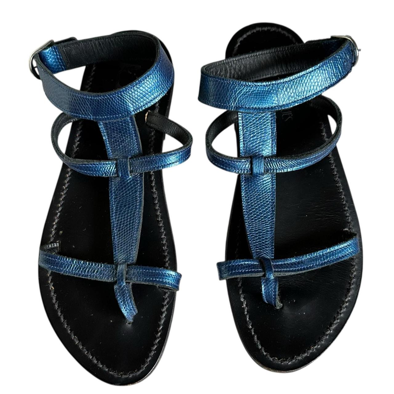 Blue metallic snake texture gladiator strappy... | Depop