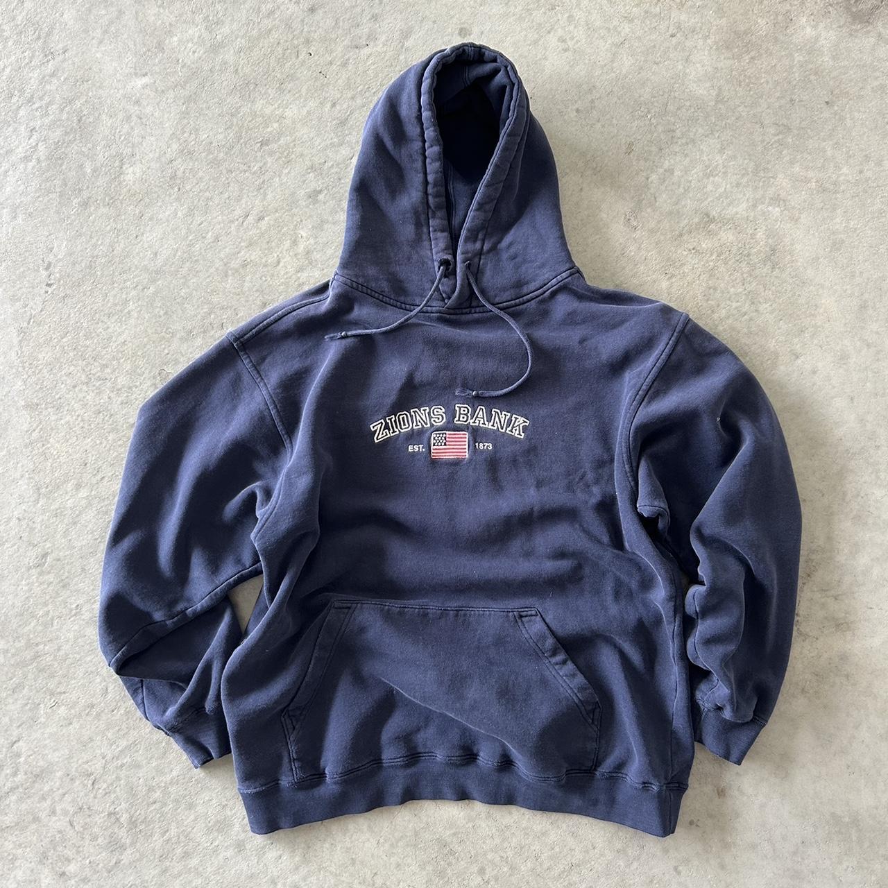 Navy blue Zions Bank hoodie with white lettering and... - Depop