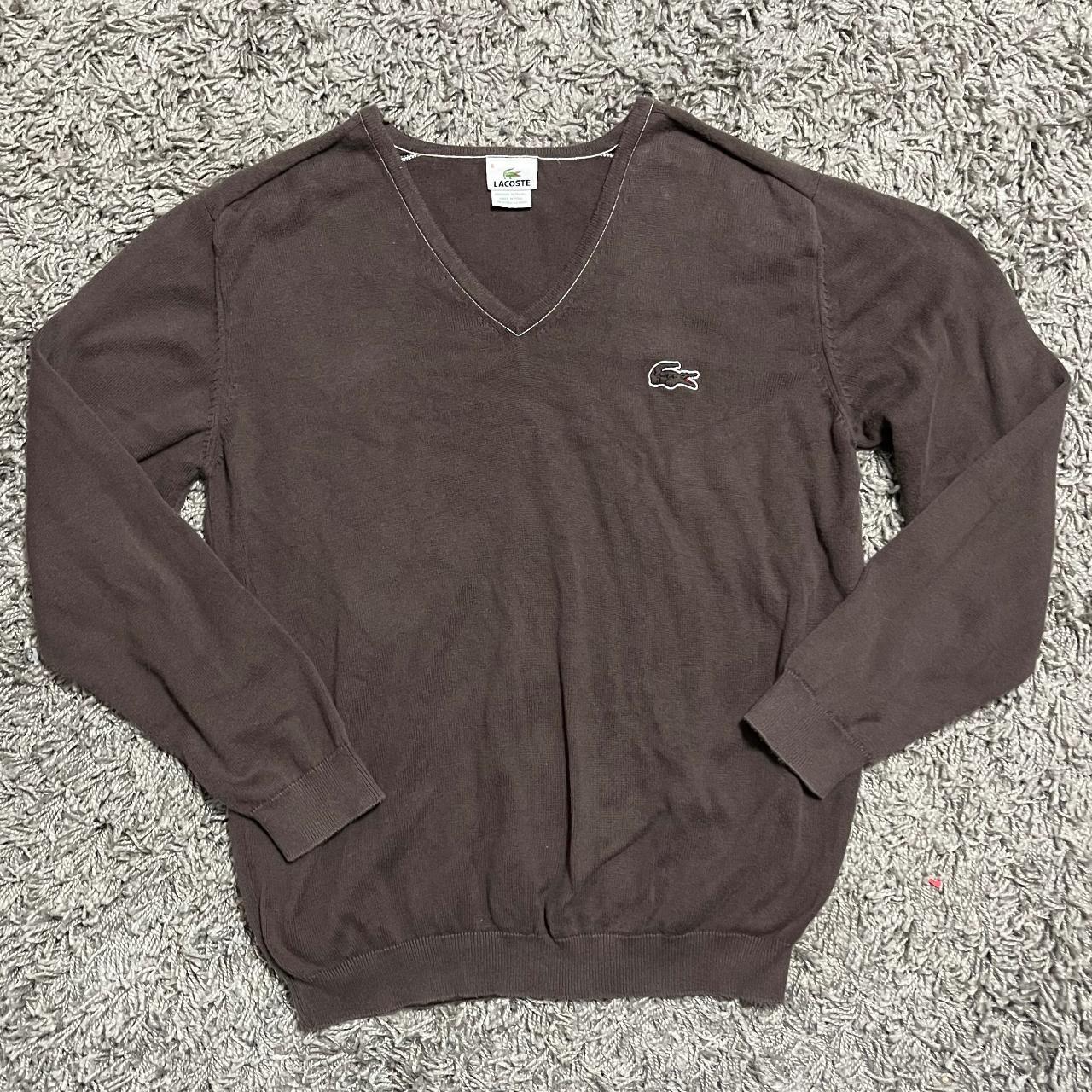 Lacoste Brown V Neck Sweater Size L/XL Pit to Pit:... - Depop