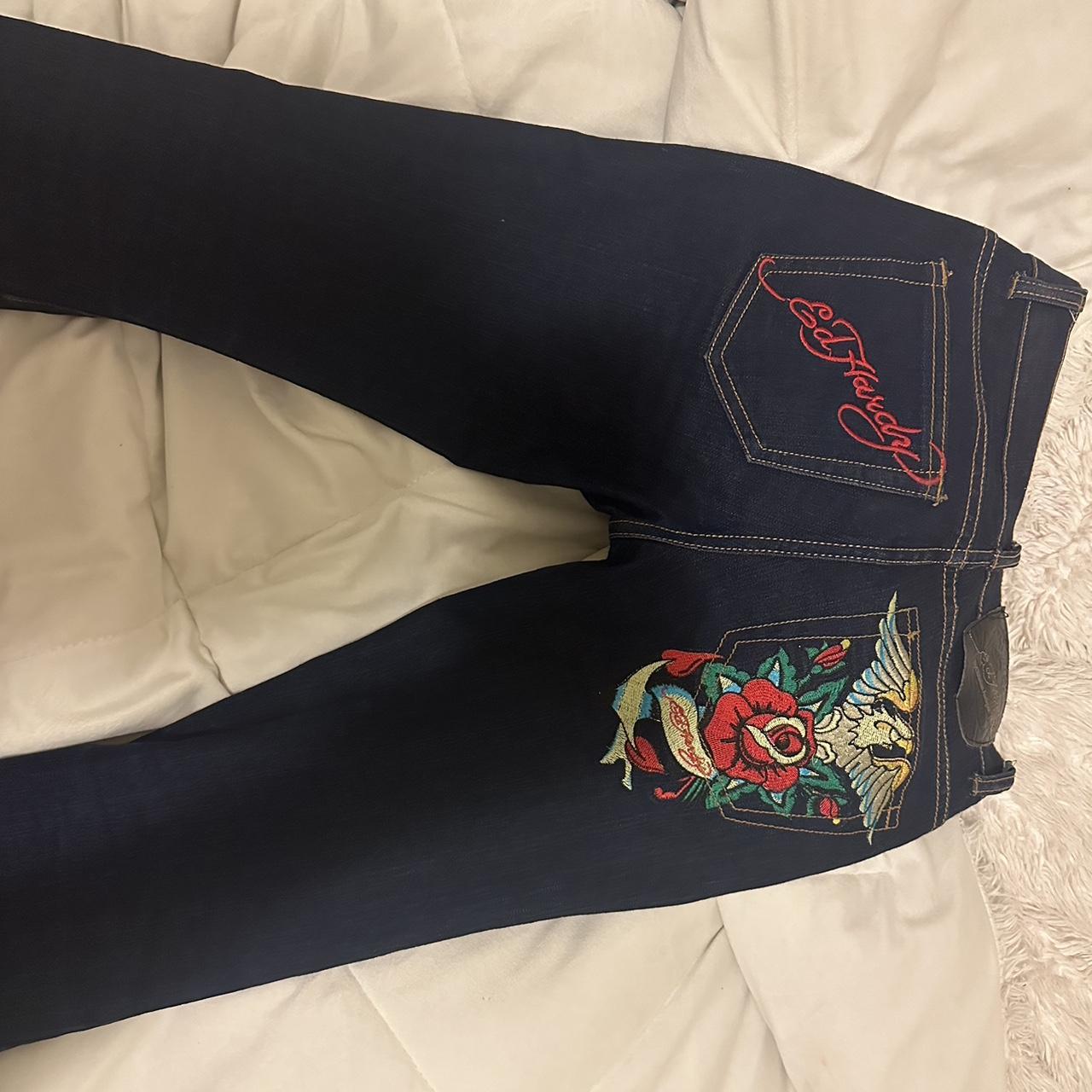 Ed Hardy Women's Navy and Black Jeans | Depop