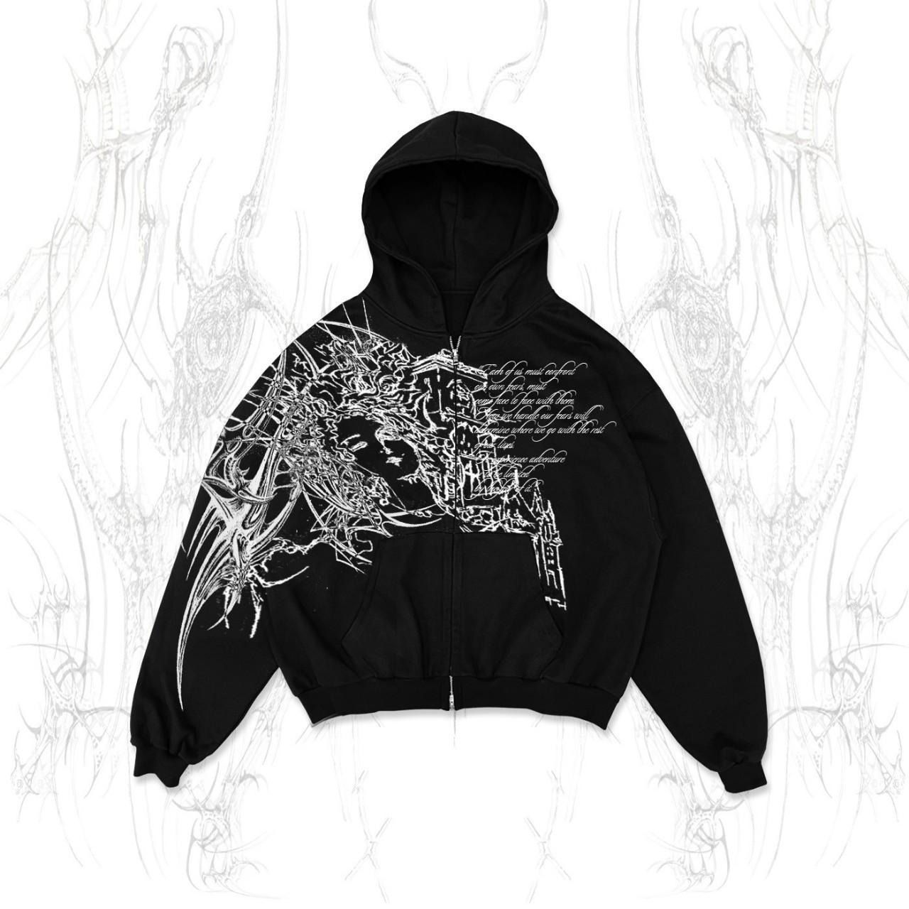 Oversized Zip-Up Hoodie with Screenprint DM before... - Depop