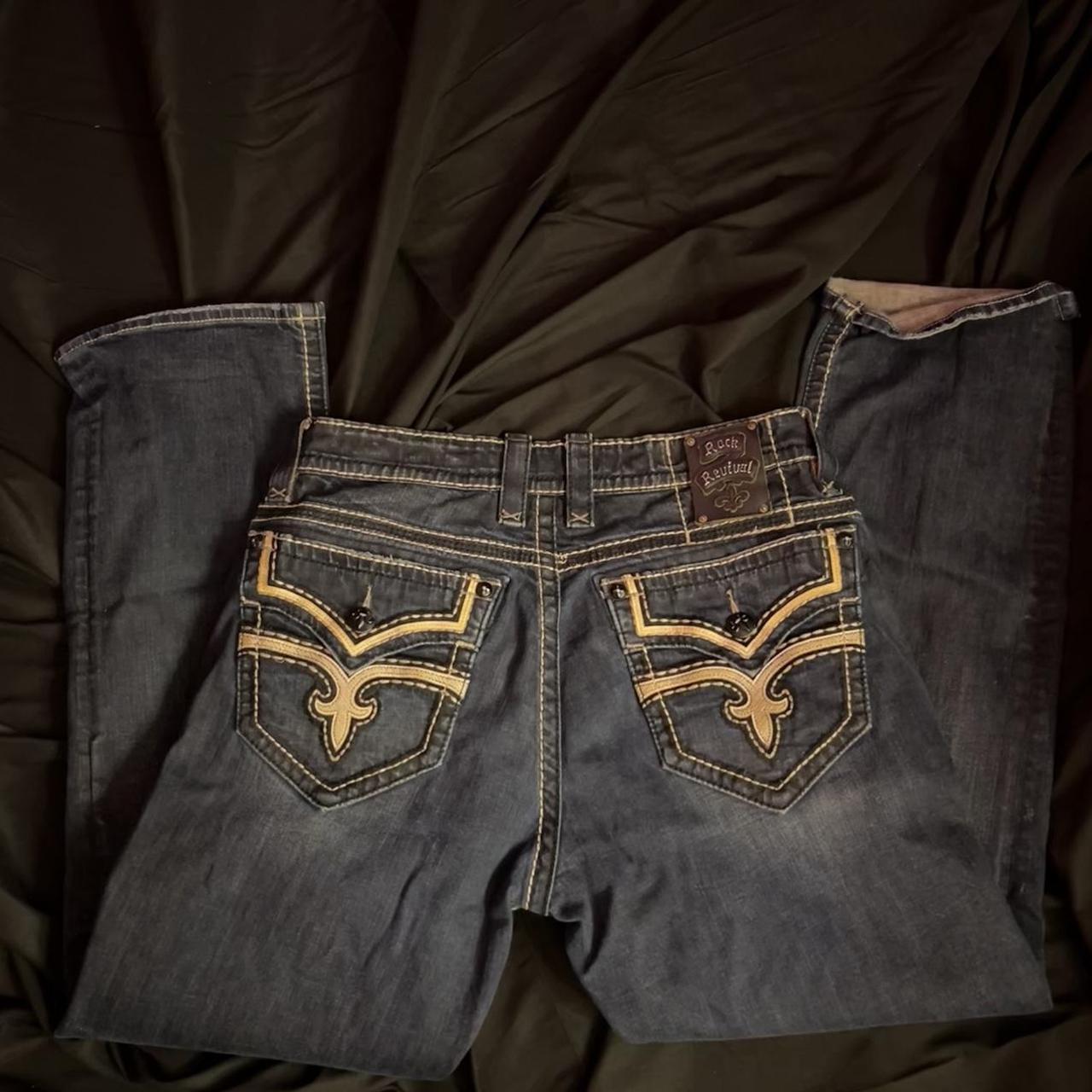 ROCK REVIVAL - CREAM MENS KAY STRAIGHT JEANS size 38 - Depop