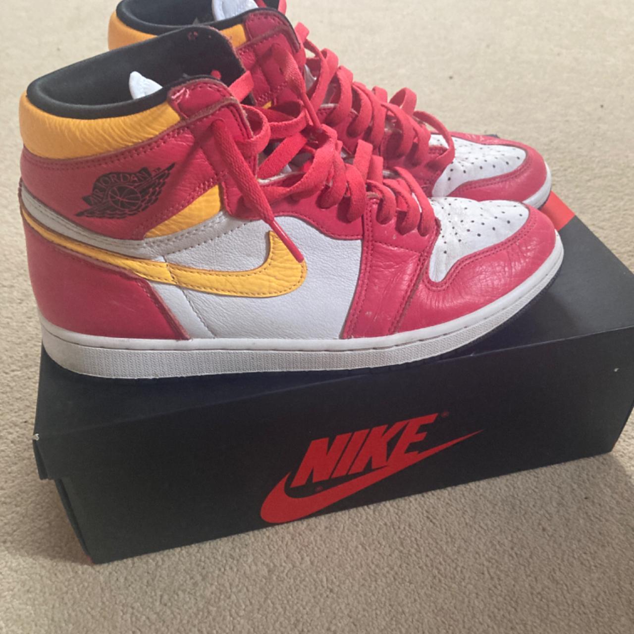 Jordan 1 high fusion red retro Uk size 9 Worn about... - Depop