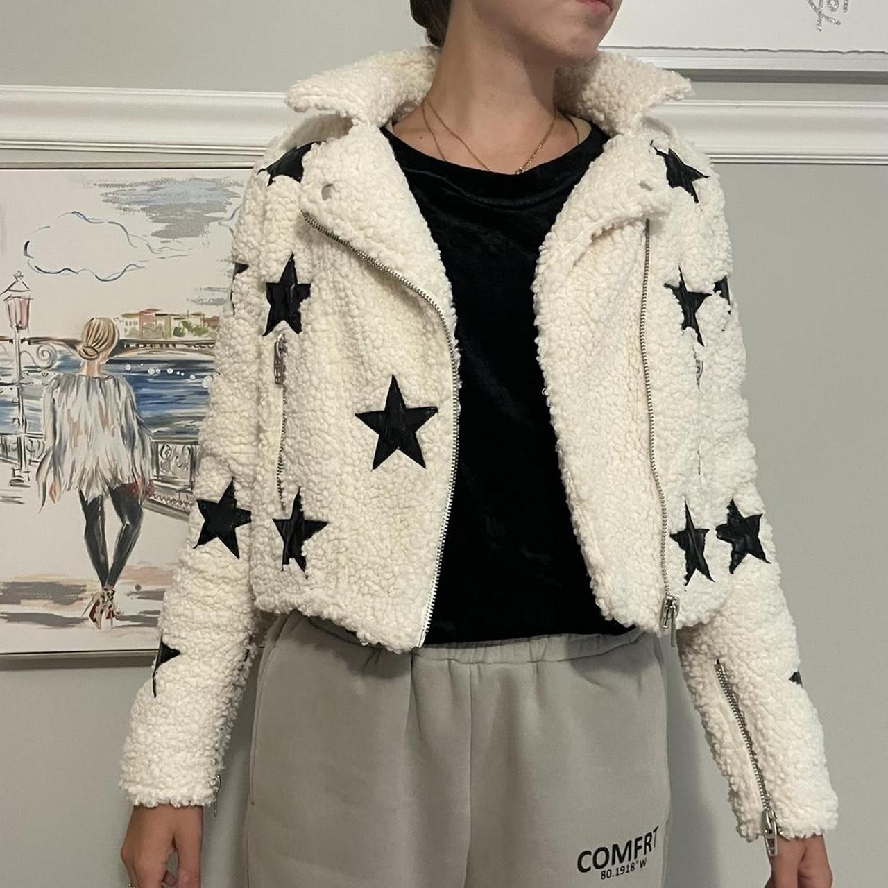 Blank NYC white fuzzy jacket with leather stars size... - Depop