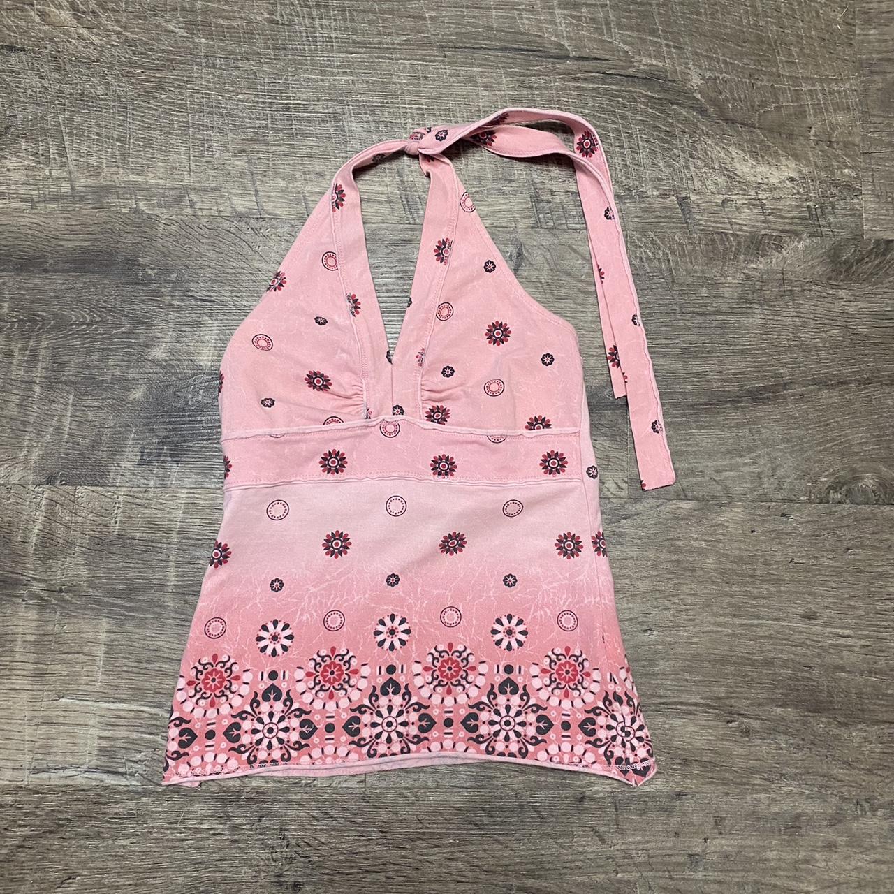 Pink Y2K v neck halter top with open back #y2k #pink... - Depop