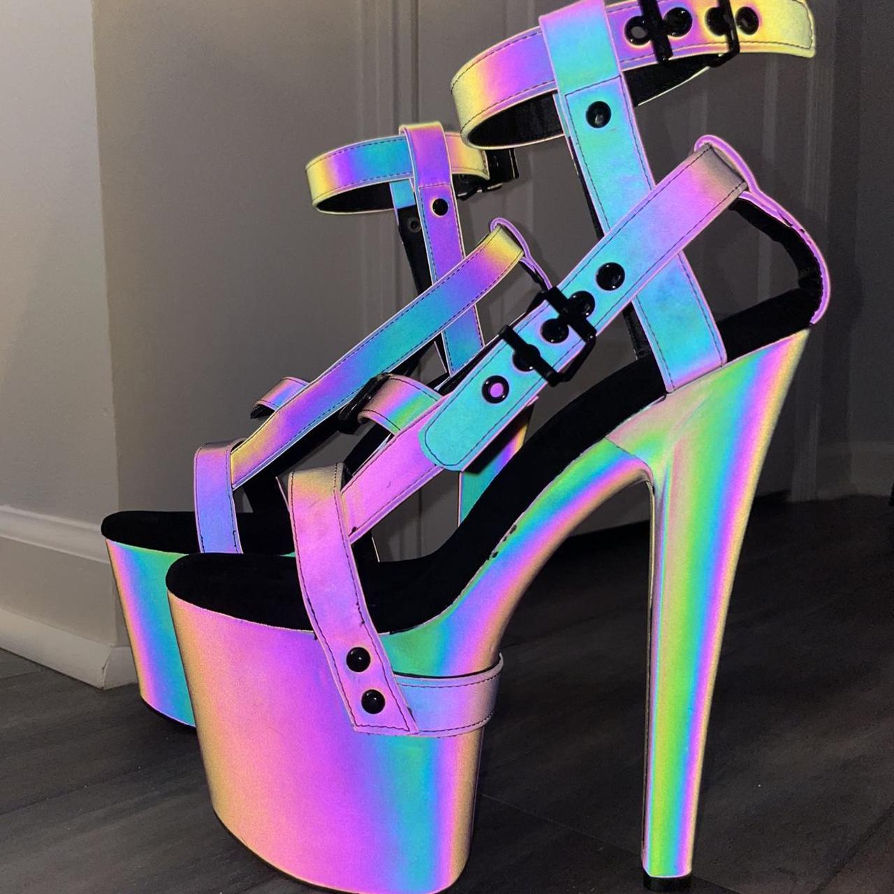 Reflective holographic platform heels- only worn... | Depop