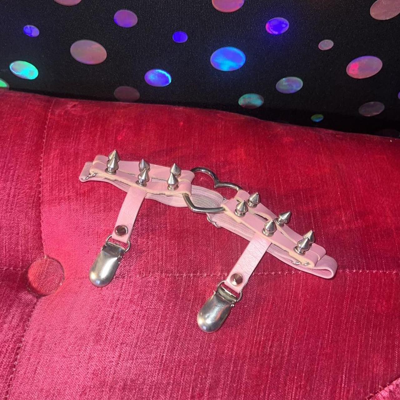 Light Pink Leather Garter with Silver Spike and... - Depop
