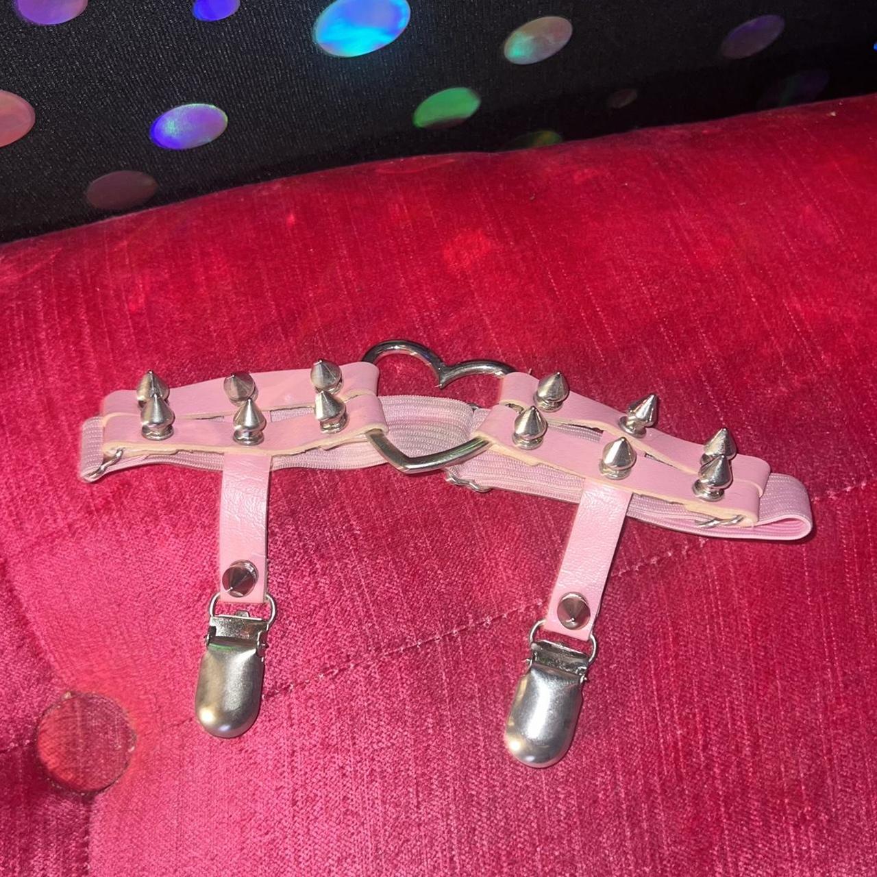 Light Pink Leather Garter with Silver Spike and... - Depop