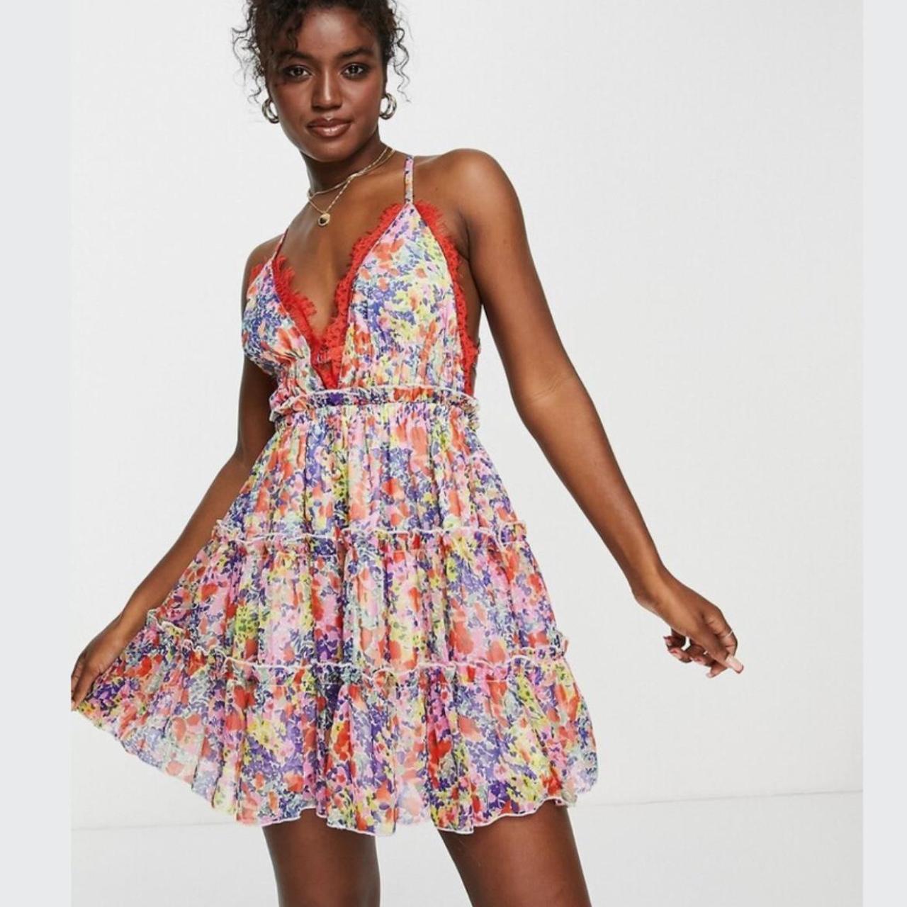 asos tiered lace trim mini dress floral print size... - Depop
