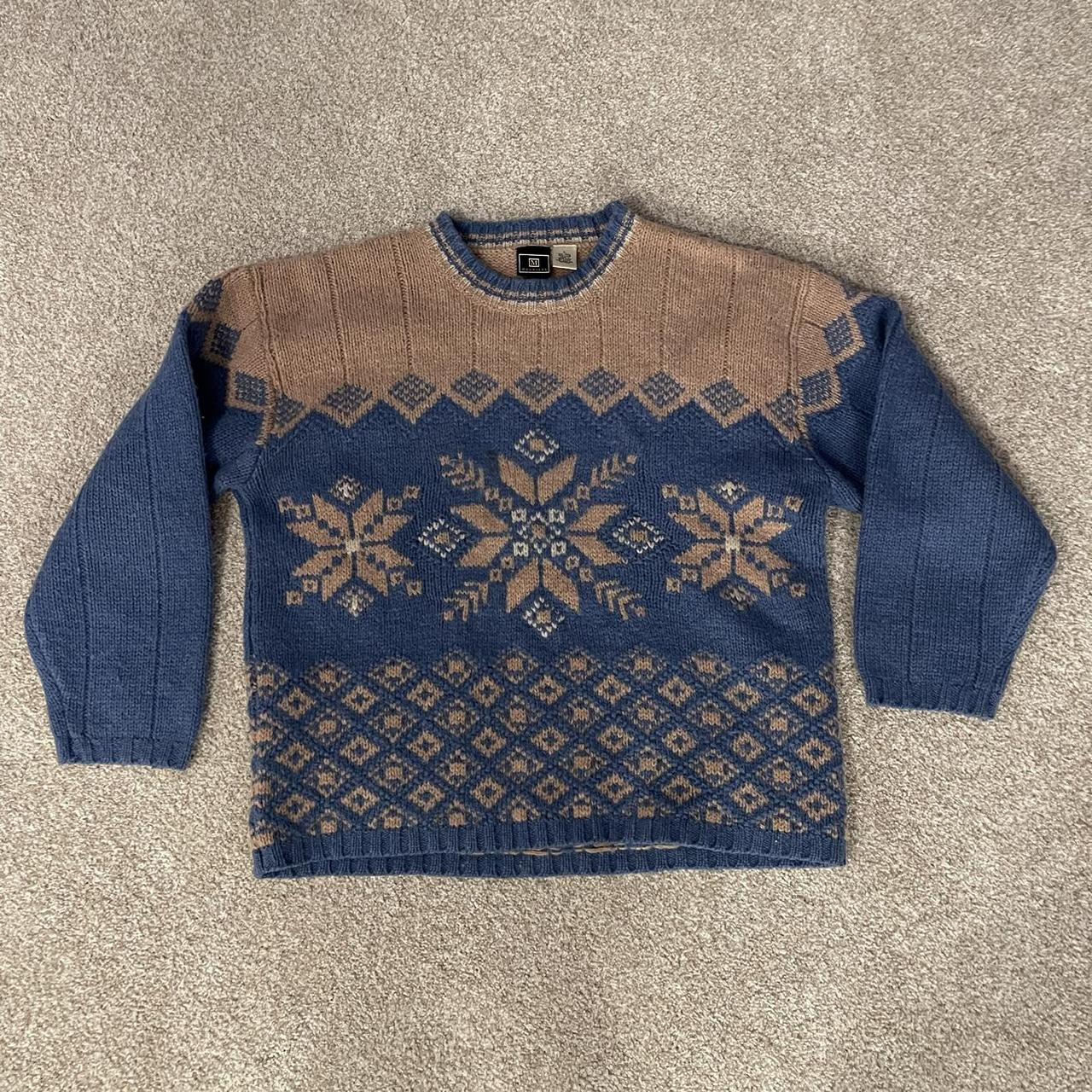 Vintage Sweater - Blue Tan Snowflake Details: Blue... - Depop